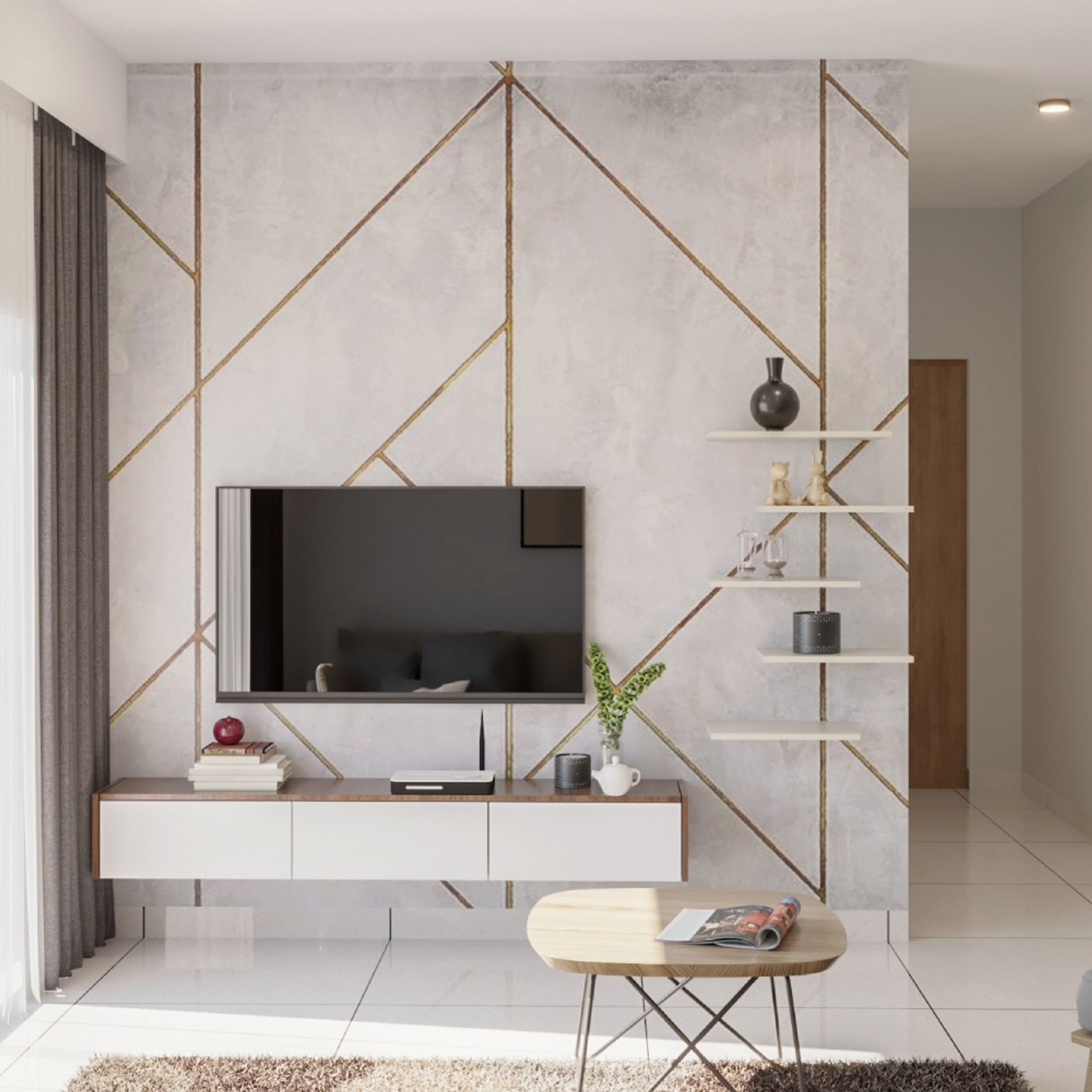 Minimal TV Unit Design in Frosty White and Walnut Bronze with Suede ...
