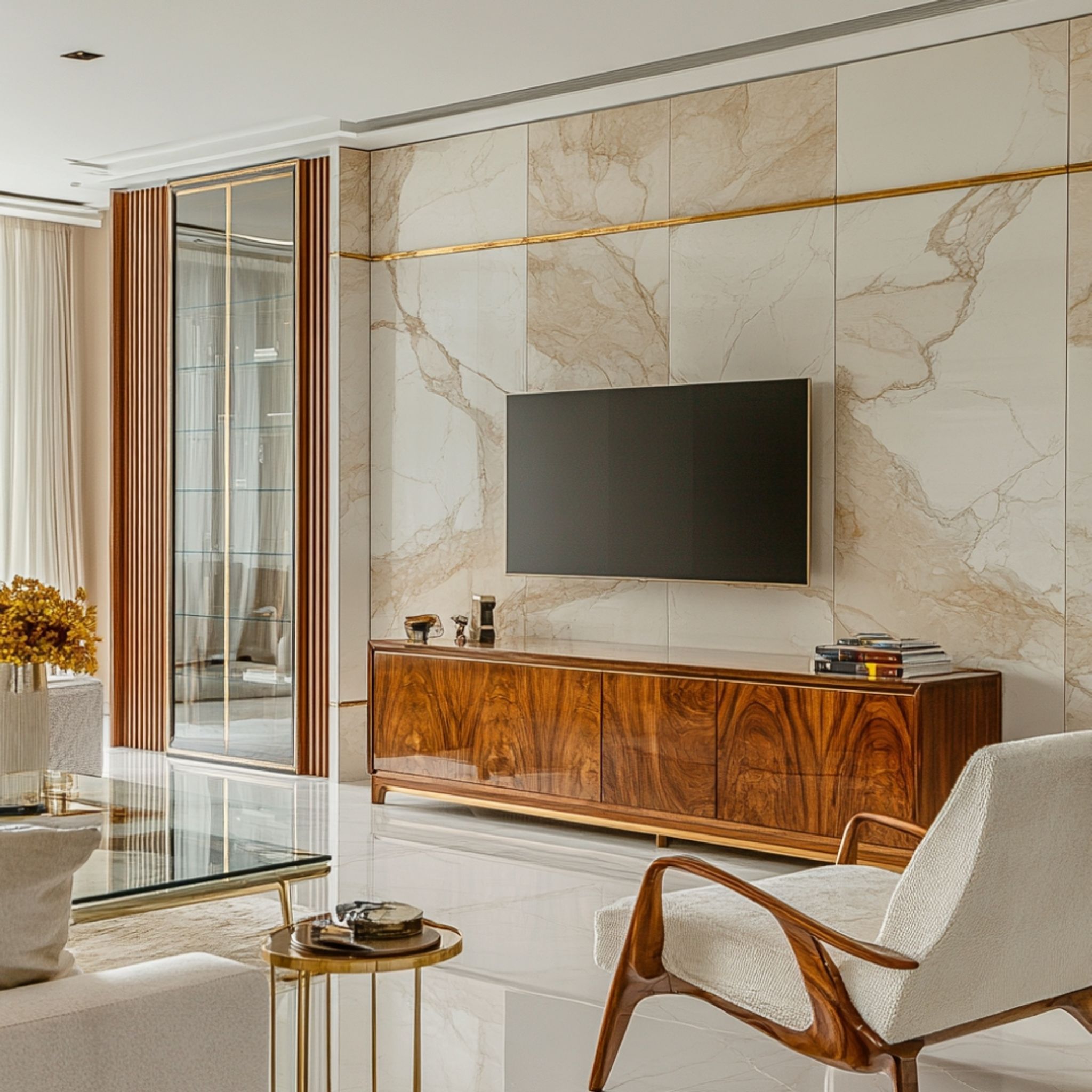 High Gloss Finish Wood Veneer Modern TV Unit Design | Livspace