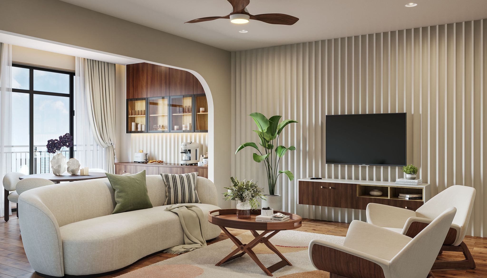 Modern Beige Fluted Panel Accent Wall Design: Textured Fluted Panelling ...