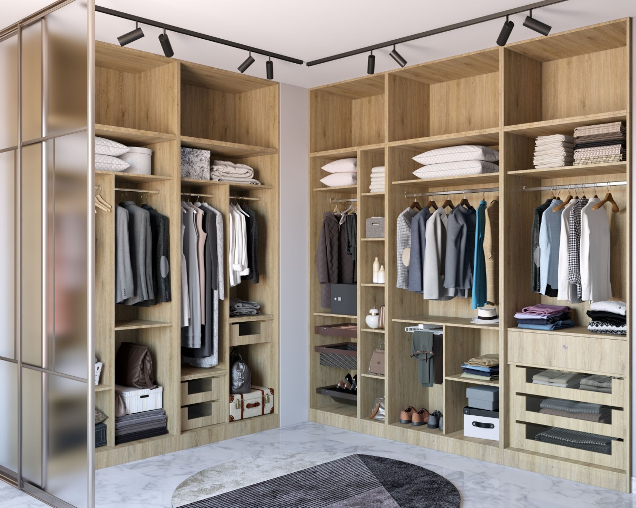 Contemporary Teak Coloured 10-Door Walk-In Wardrobe Design with Suede ...