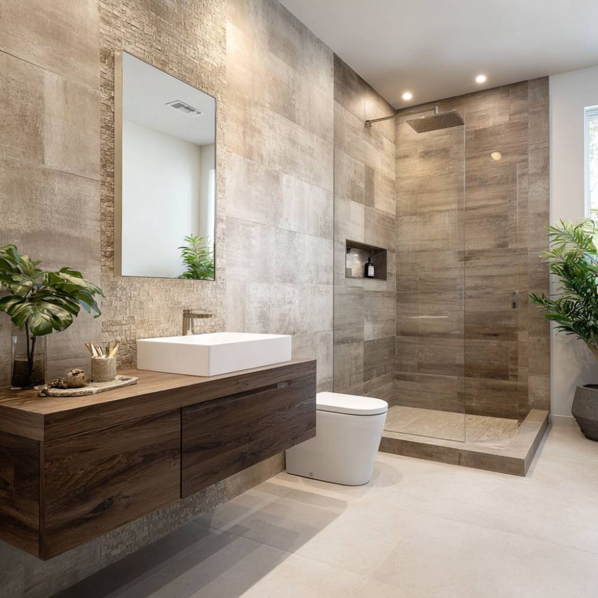 Contemporary Bathroom Design with Beige Tiles and Wooden Drawer Vanity ...