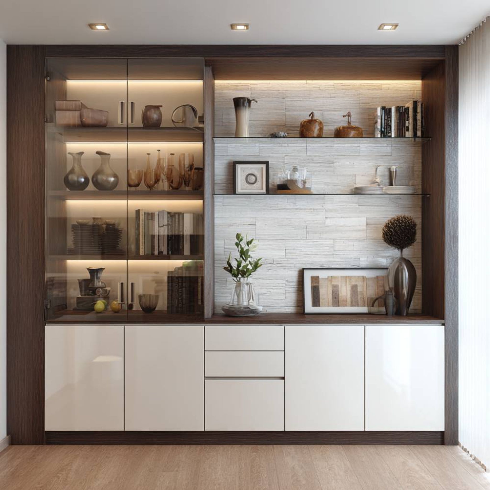 Modern Champagne and Walnut Crockery Unit design with Glass Display and ...