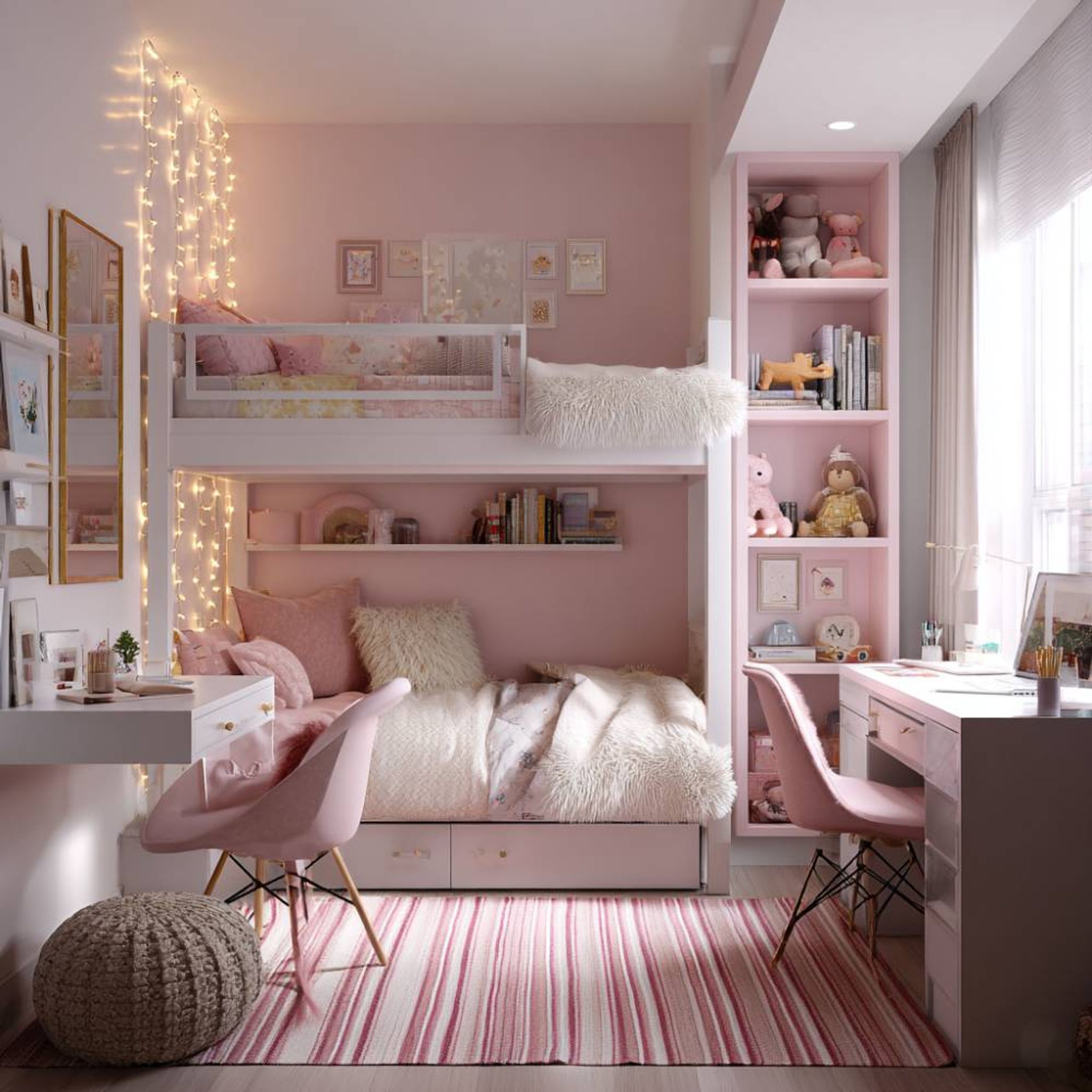 Blush Pink Modern Kids Bedroom Design with Two-Sharing Bunk Bed with ...