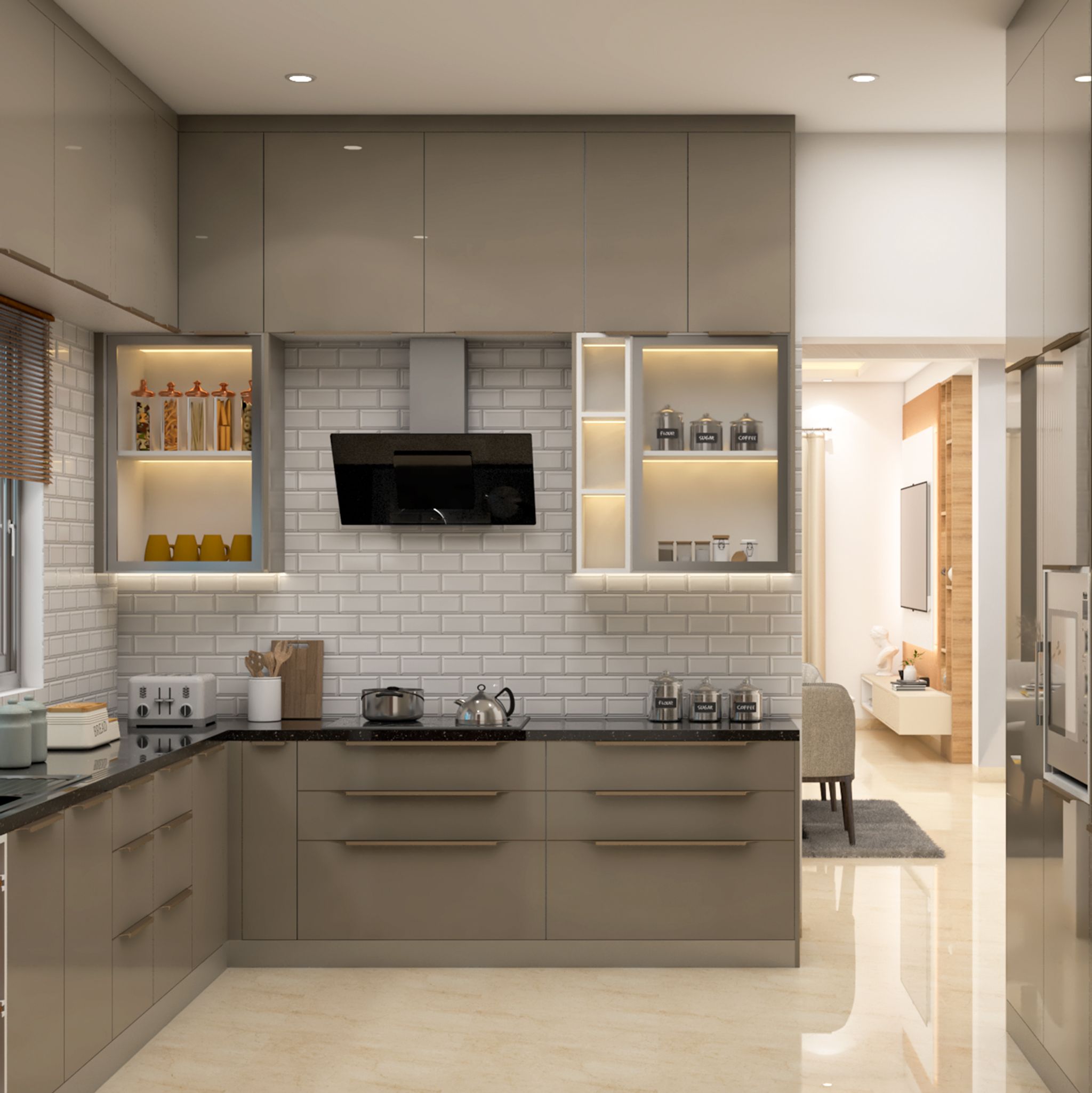 Contemporary Cappuccino L-Shaped Kitchen Design with Open Corner ...