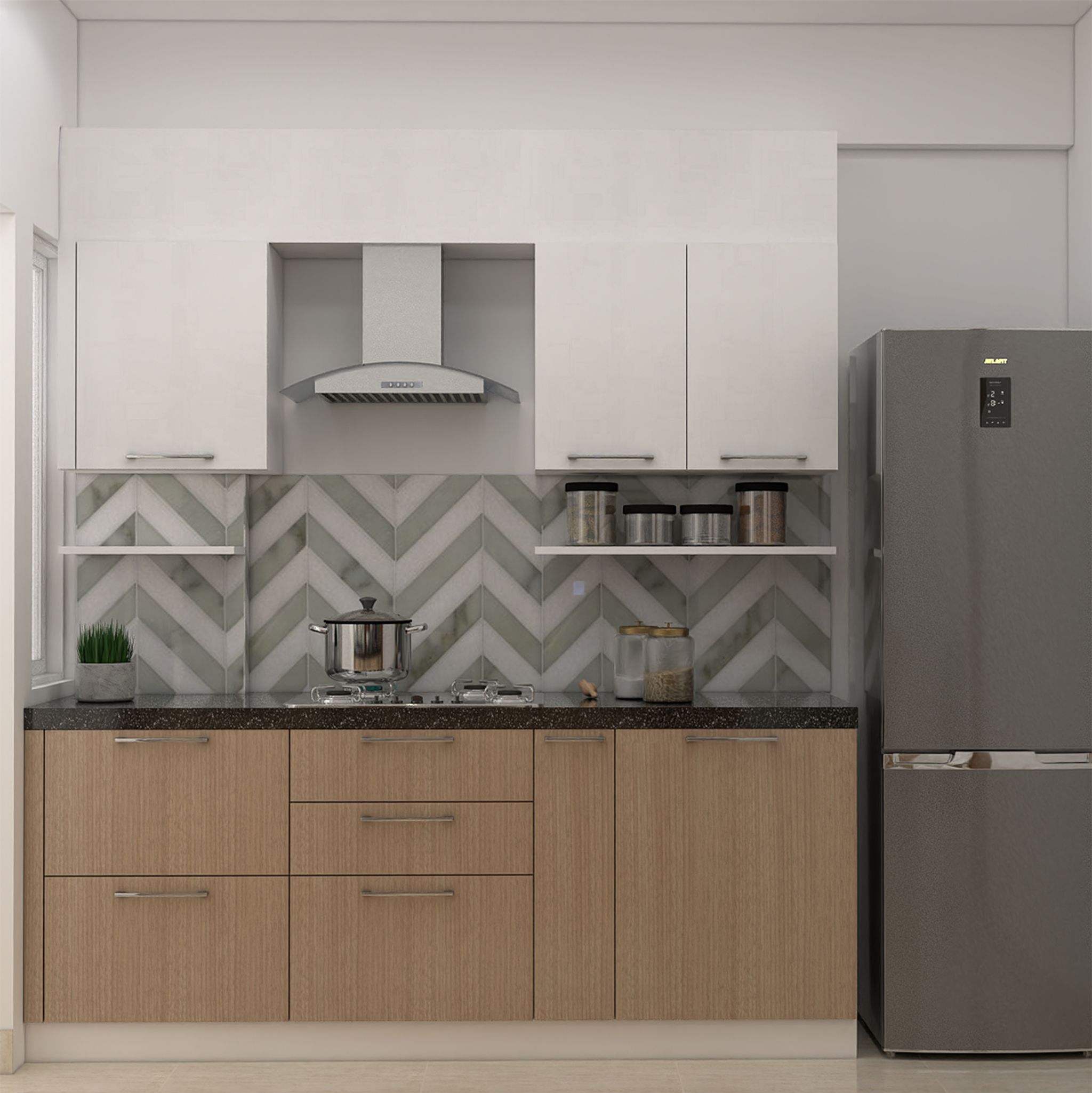 Contemporary Bamboo Accent Parallel Kitchen Design with Chevron ...