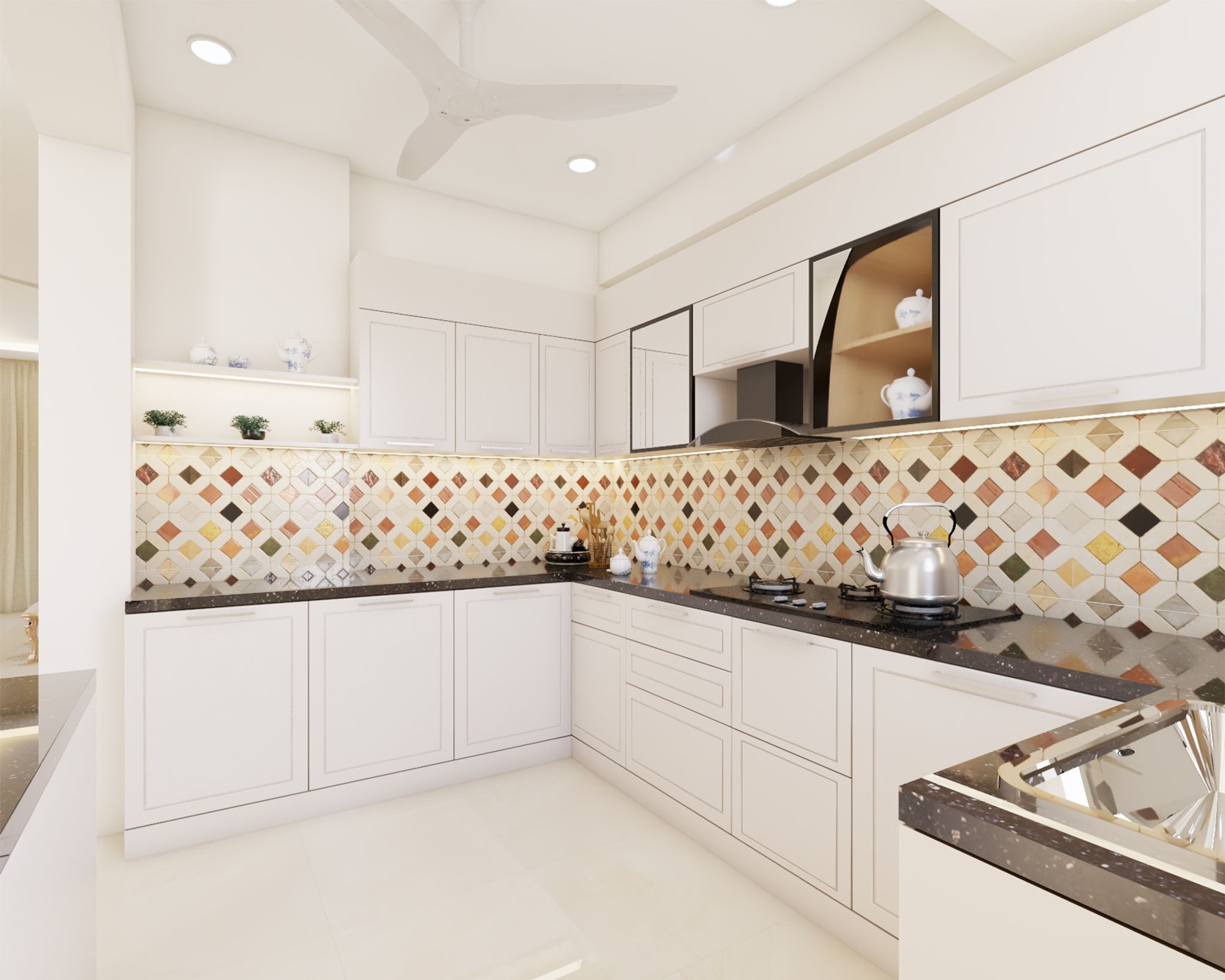 Off-White Minimal U-Shaped Kitchen Design with Honeycomb Tile ...