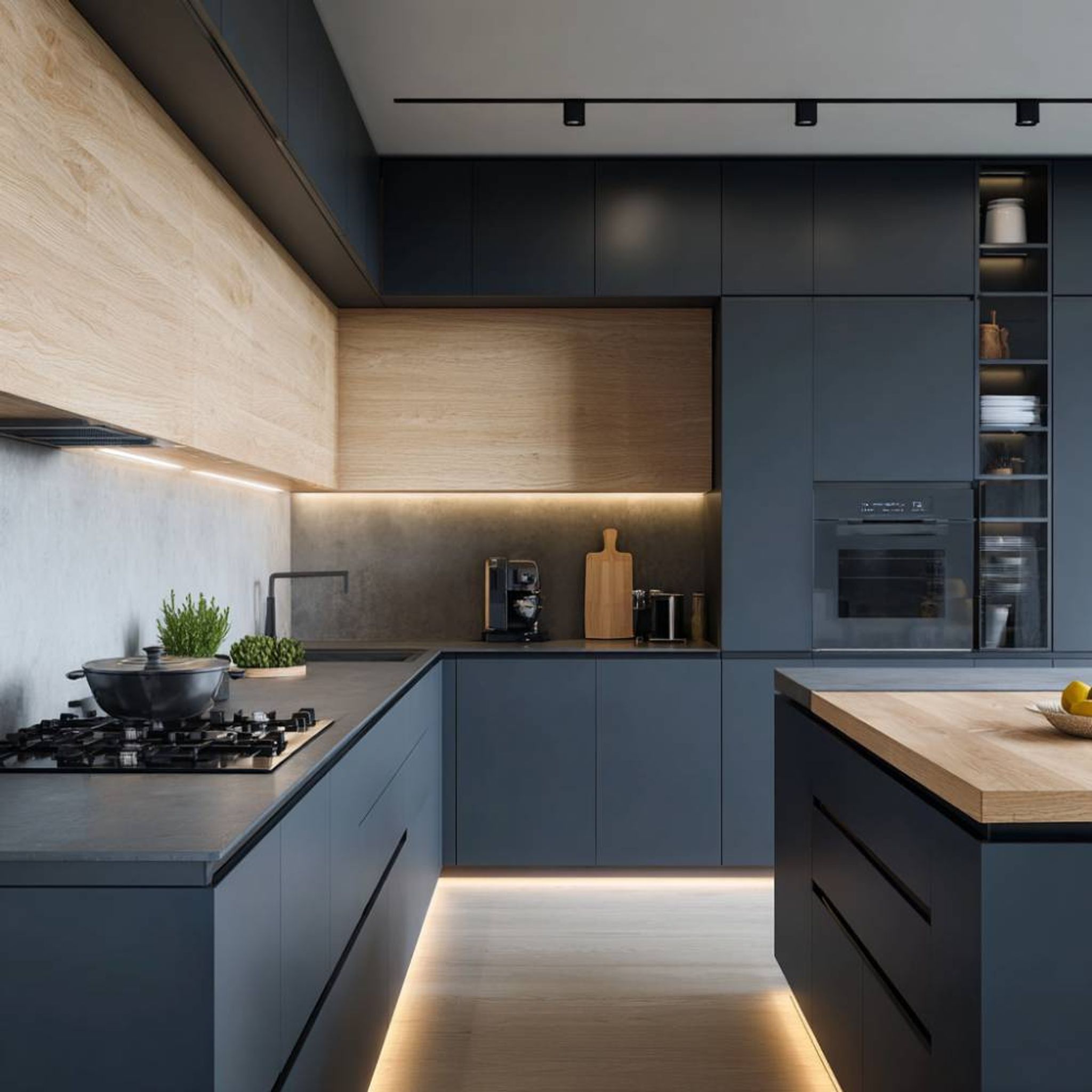 Modern Island Kitchen Design with Blue-Grey Cabinets and Quartz ...