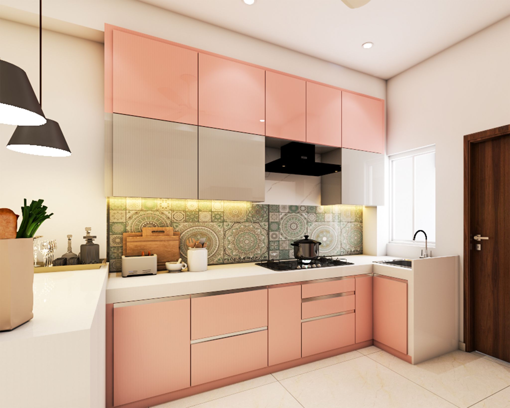 U-Shaped Contemporary Kitchen Design with Blush Pink and Grey Cabinets ...