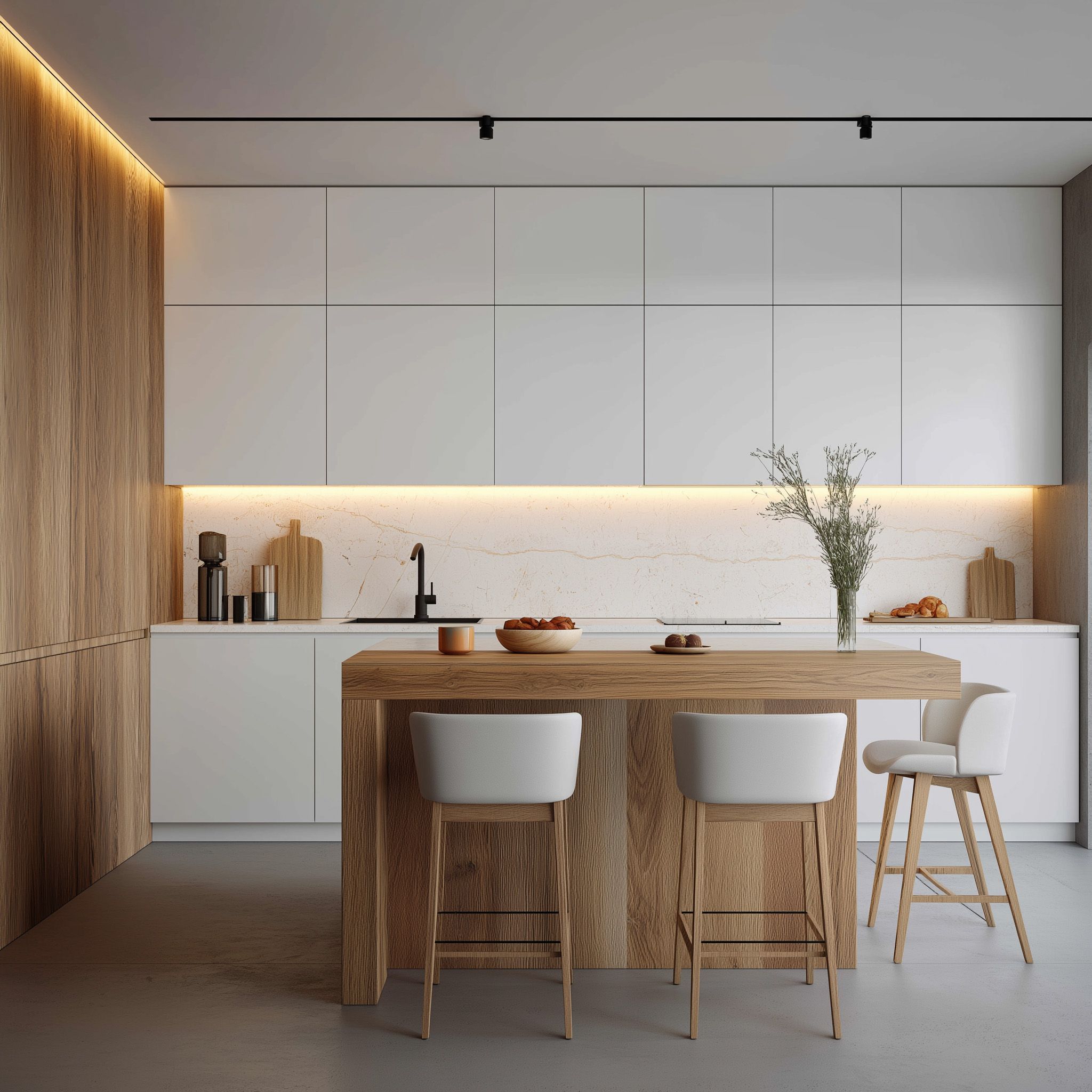Open Scandinavian Kitchen Design with Wooden Island, Quartz Counter and ...