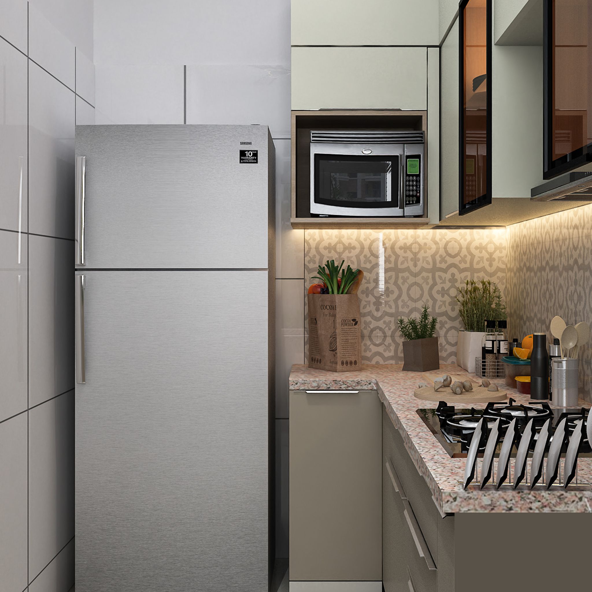 U-Shaped Modern Kitchen Design with Grey and Champagne Cabinets and ...