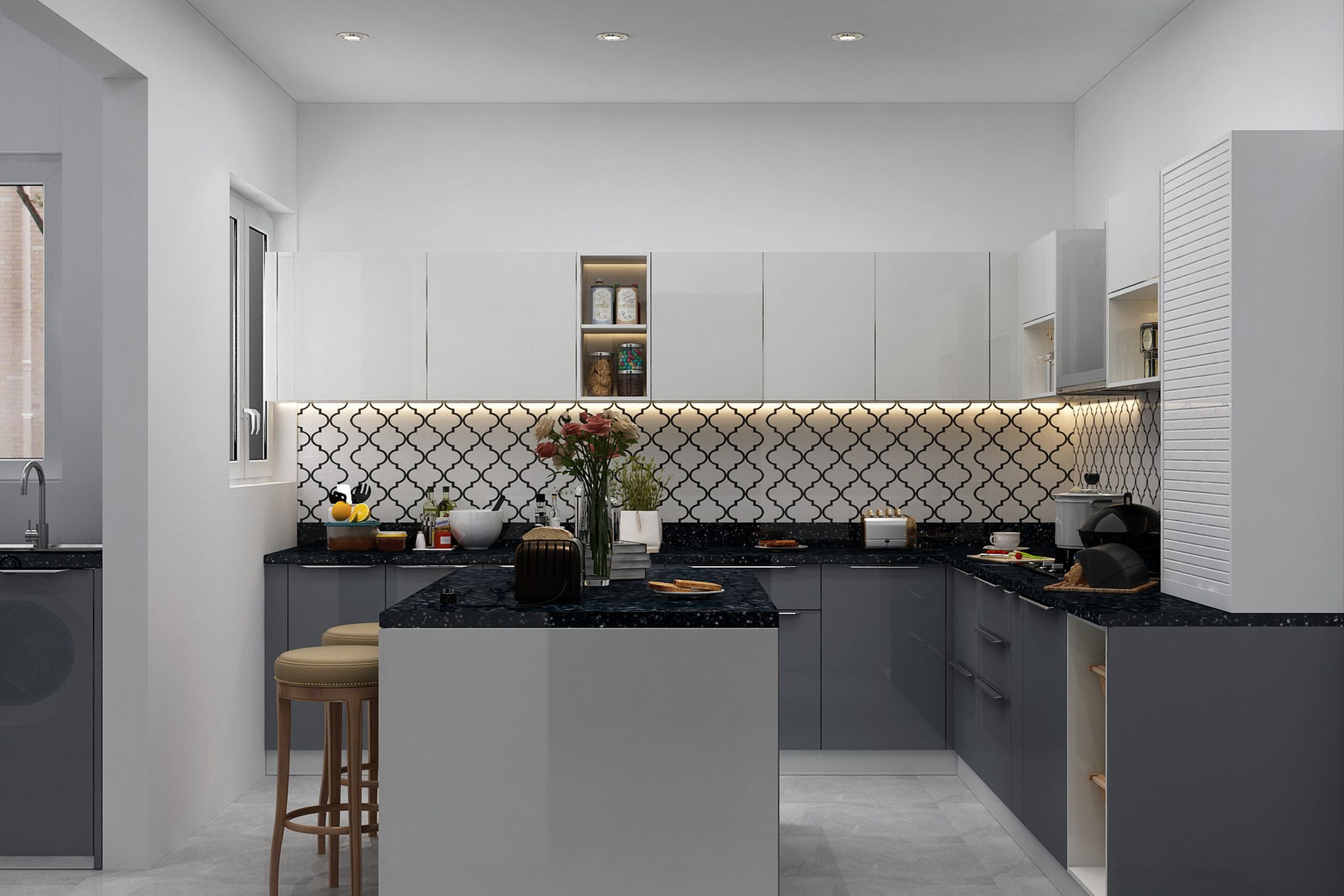 Modern Grey and White Island Kitchen Design with Lattice Backsplash ...