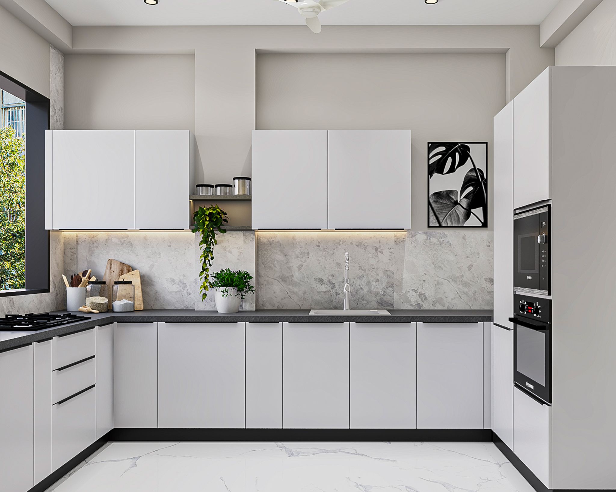 White U-Shaped Minimal Kitchen Design with Tall Integrated Pantry ...