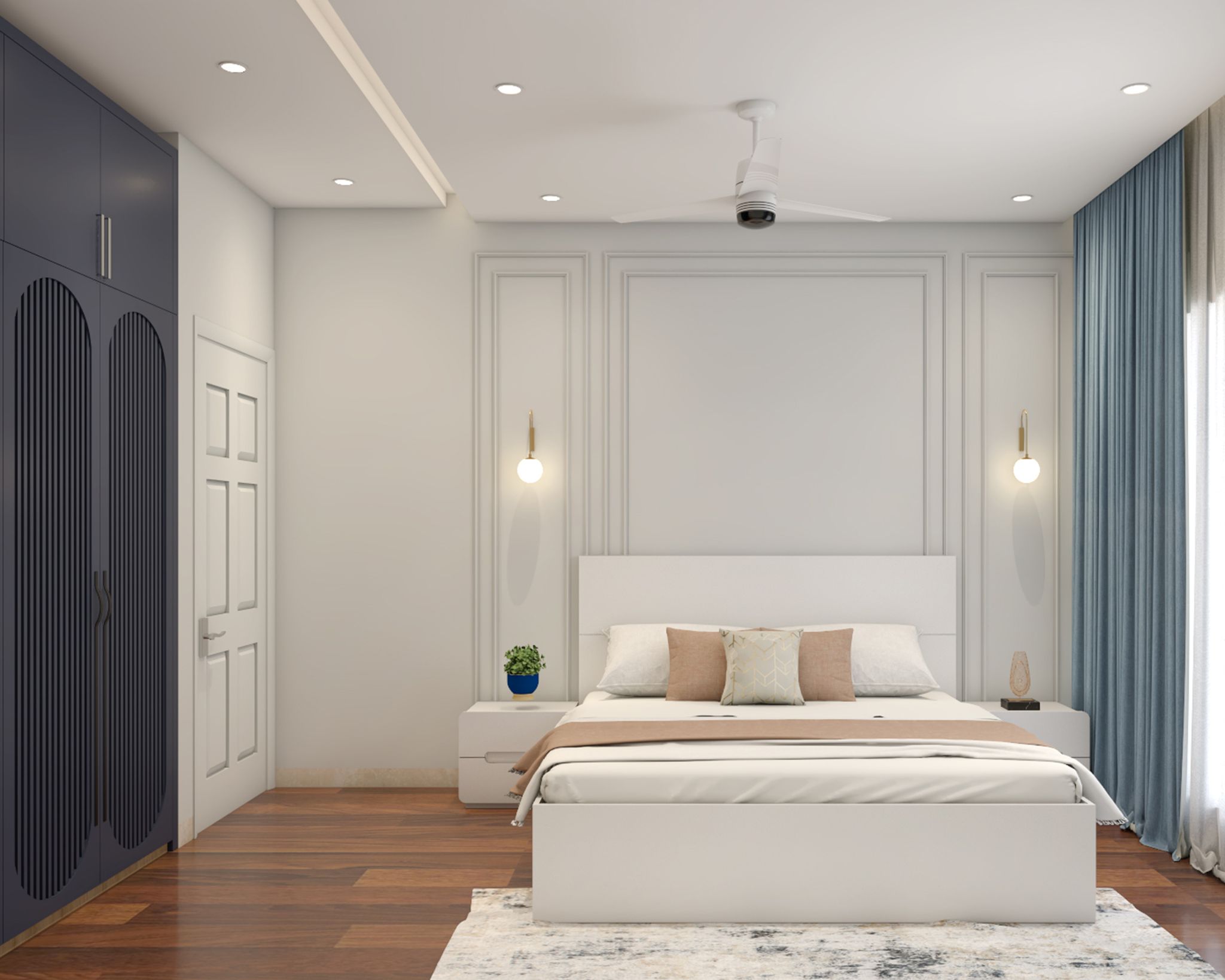 Contemporary Master Bedroom Design with Built In Wardrobe and White Bed ...