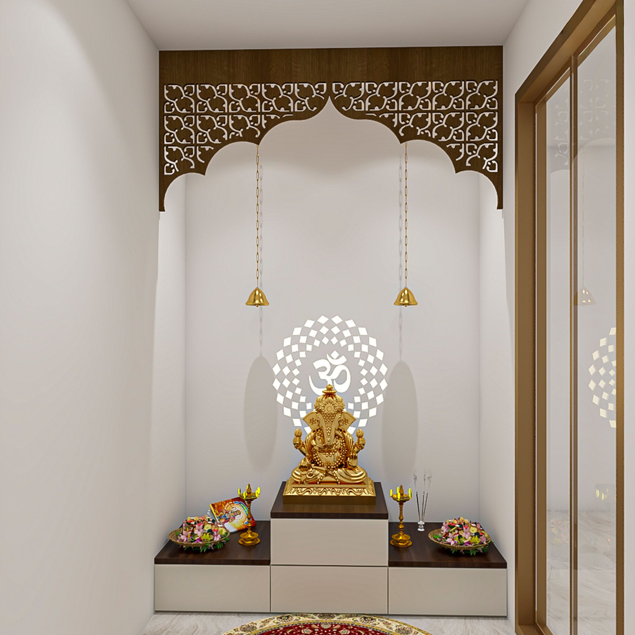 Contemporary Pooja Room Design with Jaali Arch and Dual Tone Storage ...