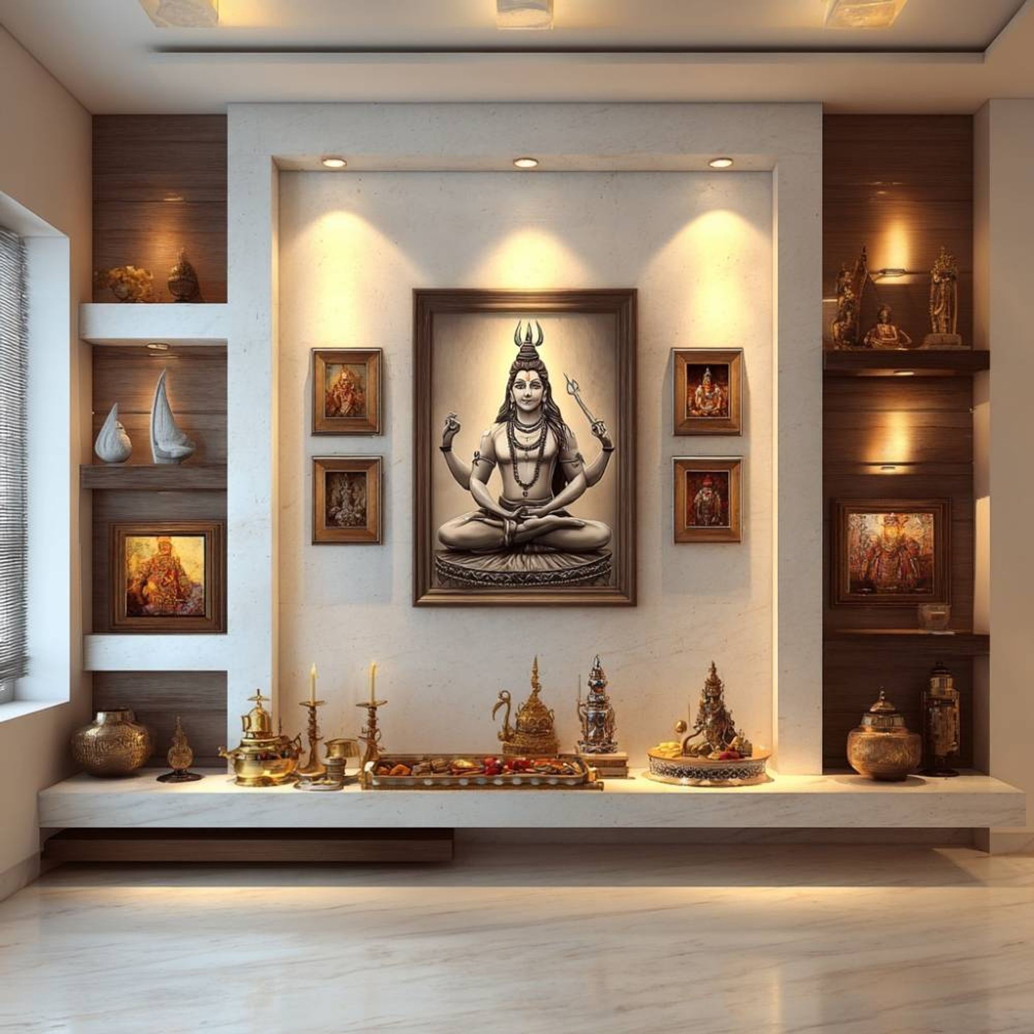 Walnut Bronze Contemporary Pooja Room Design with Arched LED Niche ...