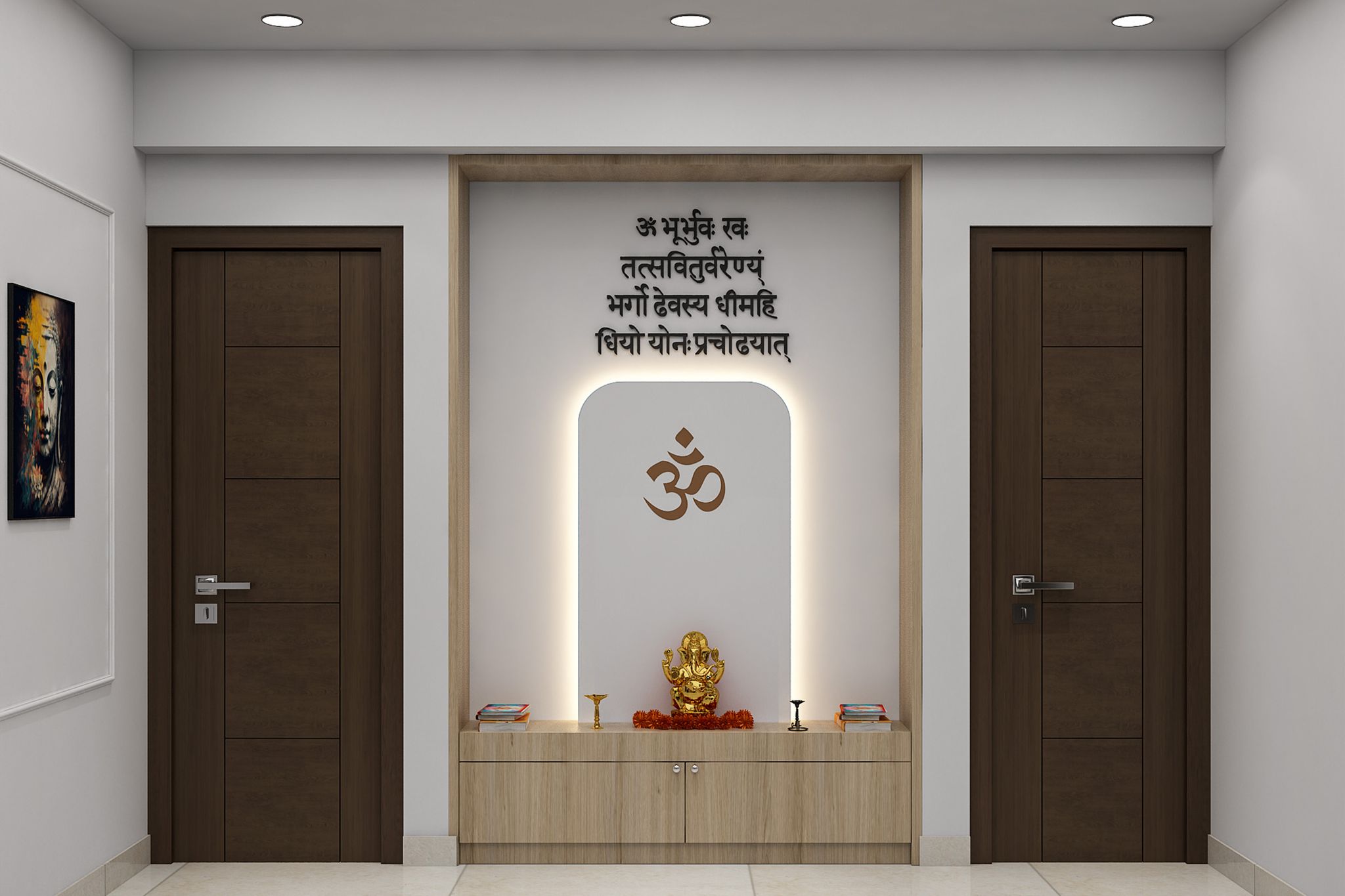 Contemporary Floor-Mounted Pooja Design with Walnut Finish and Backlit ...