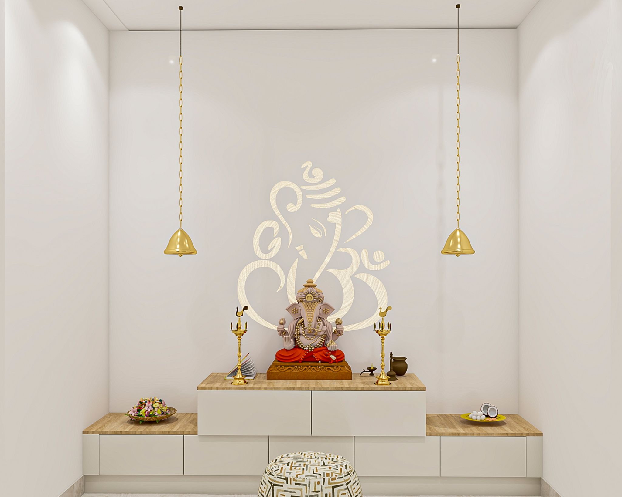Modern White and Wood Pooja Room Design with Embossed Om Backdrop and ...