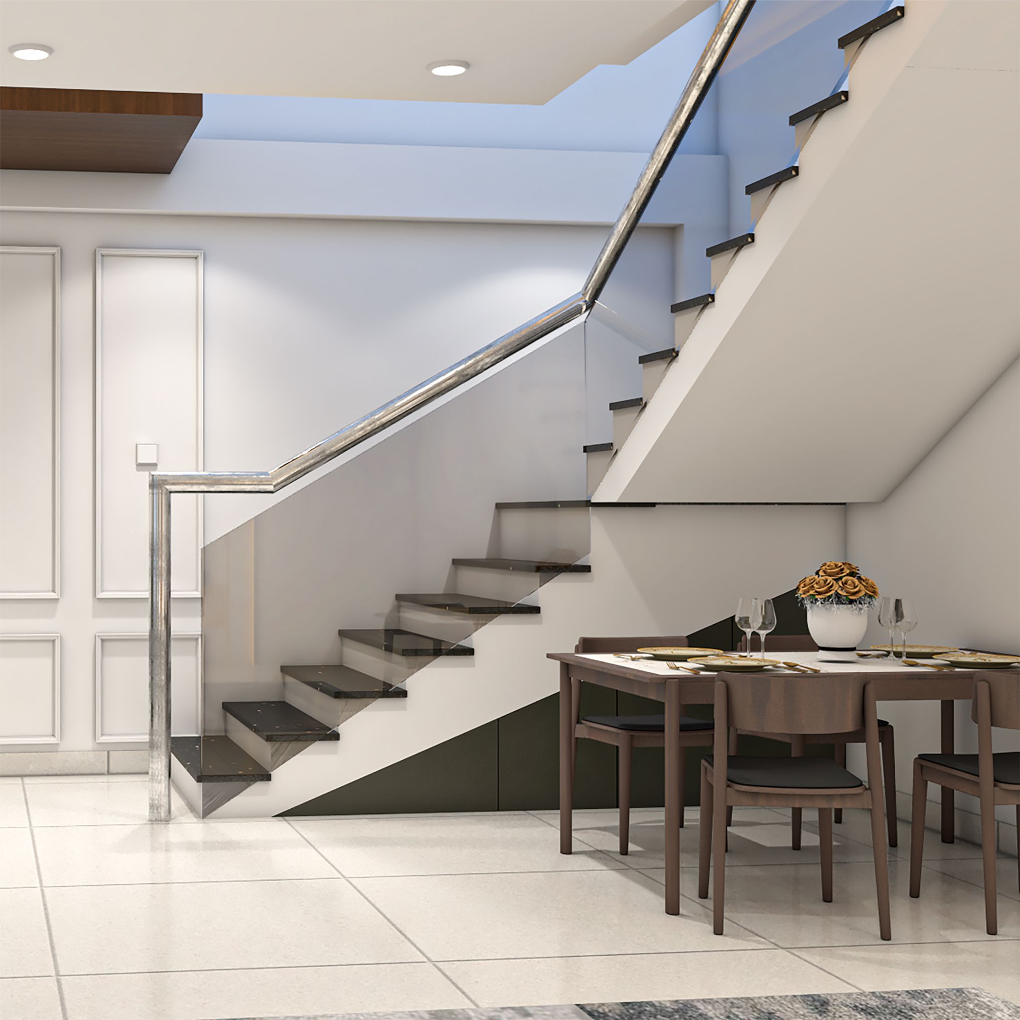 L-Shaped Contemporary Staircase Design with Metal and Glass | Livspace