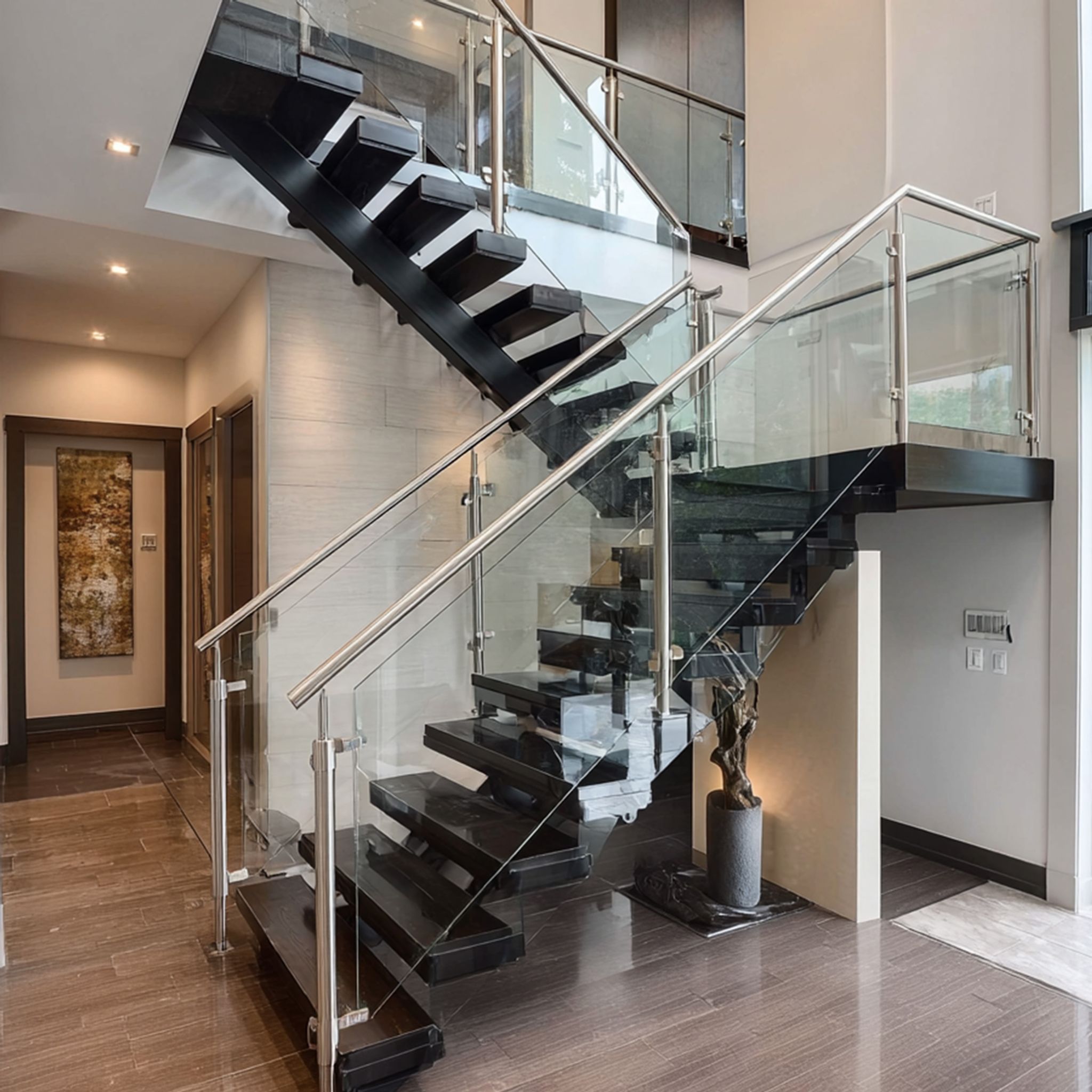 L-Shaped Modern Staircase Design with Wood and Glass Panels | Livspace