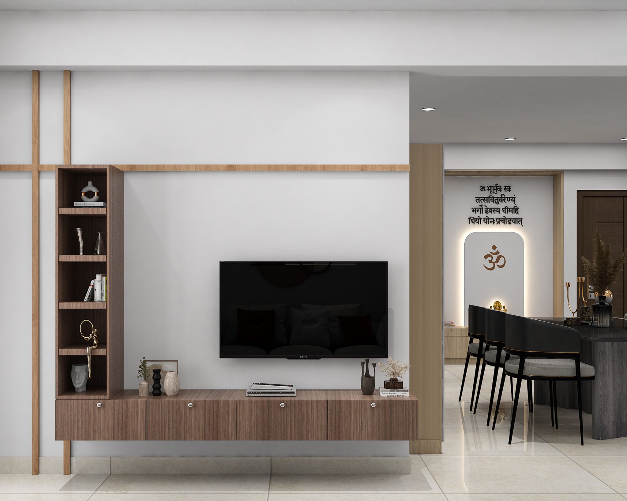 Warm Wood Modern TV Unit Design with Vertical Shelving Tower and Panel ...