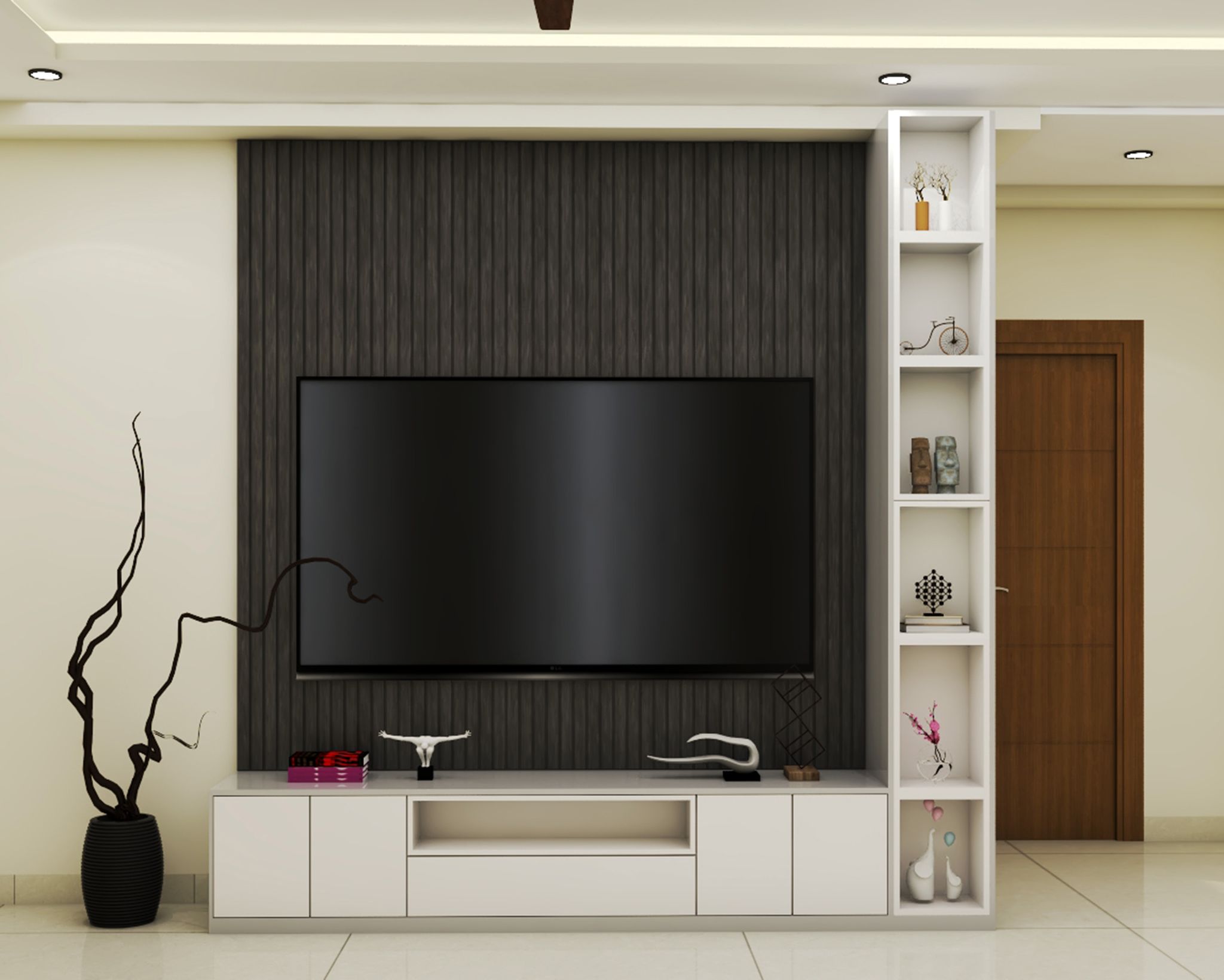 Contemporary White and Grey TV Unit Design with Paneled Backdrop and ...