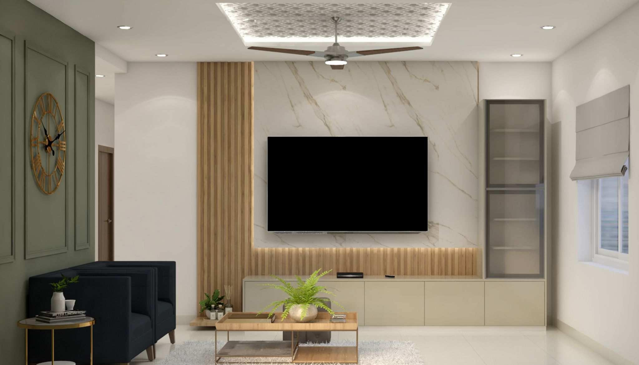 Cream Modern TV Unit Design with Marble Backdrop and Floating Storage ...