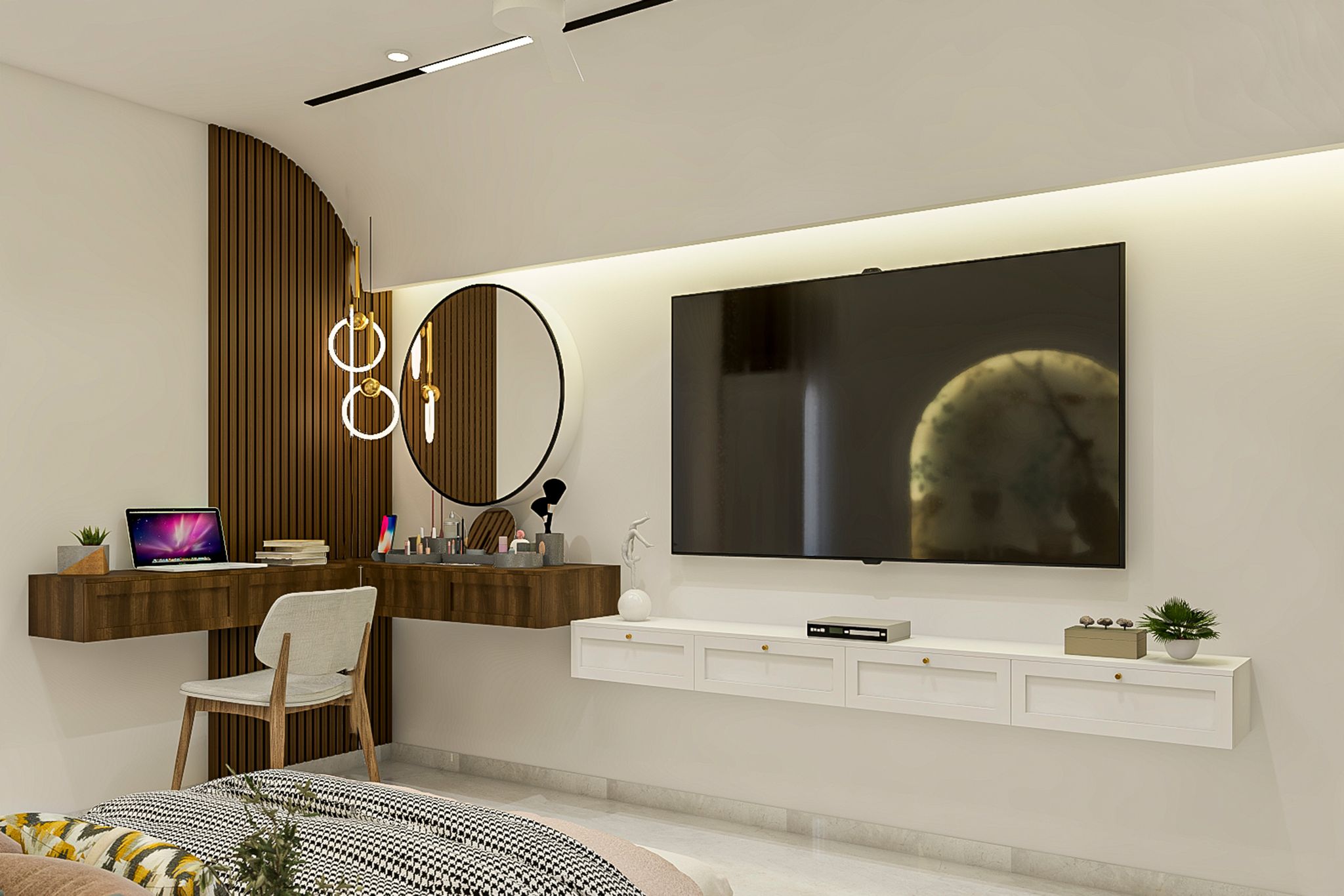 Off-White Classic TV Unit Design with White Floating Console, Wood ...