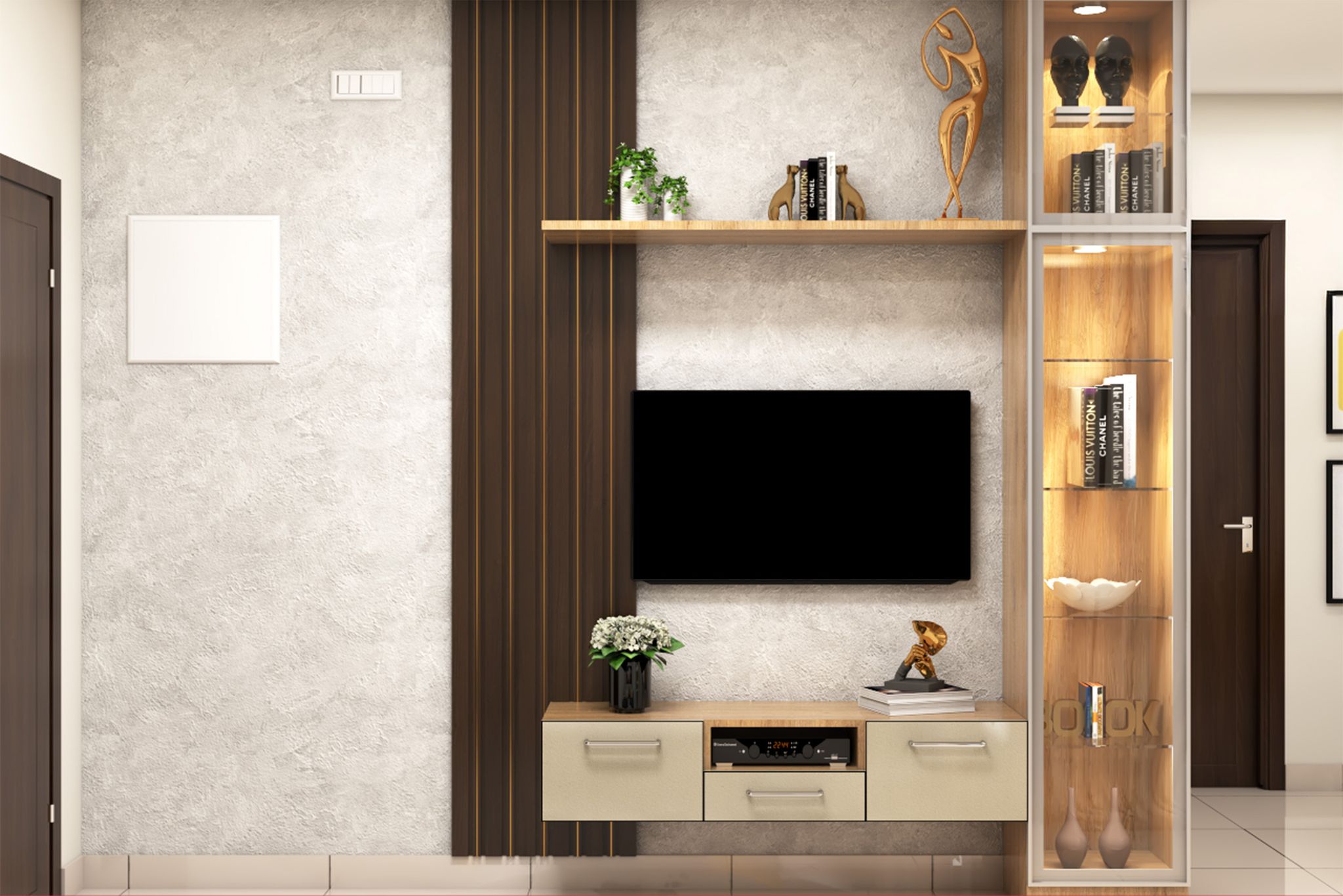 Contemporary TV Unit Design with Glass Display Cabinets and Vertical ...