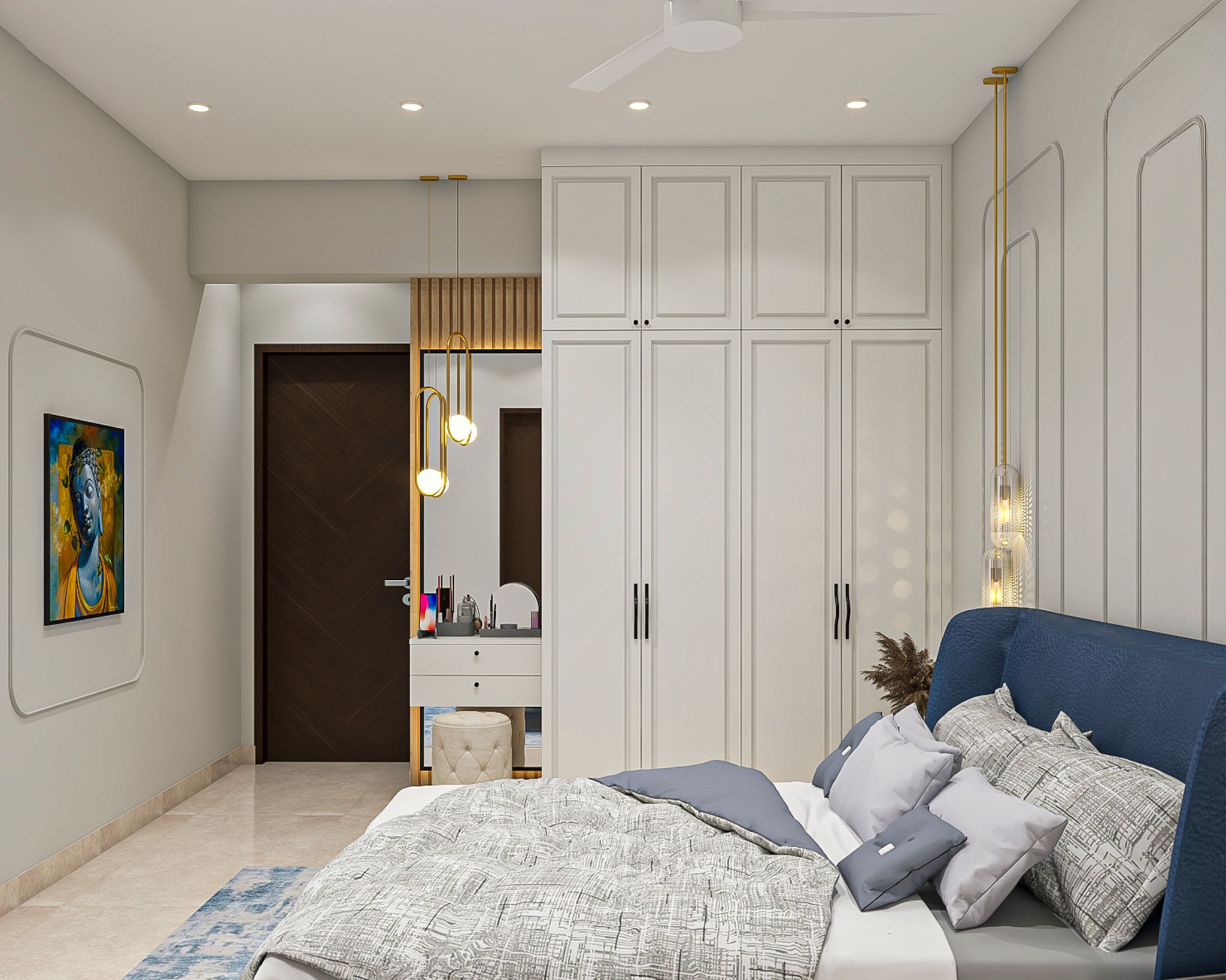 Classic Off White Swing Wardrobe Design with Recessed Lighting | Livspace