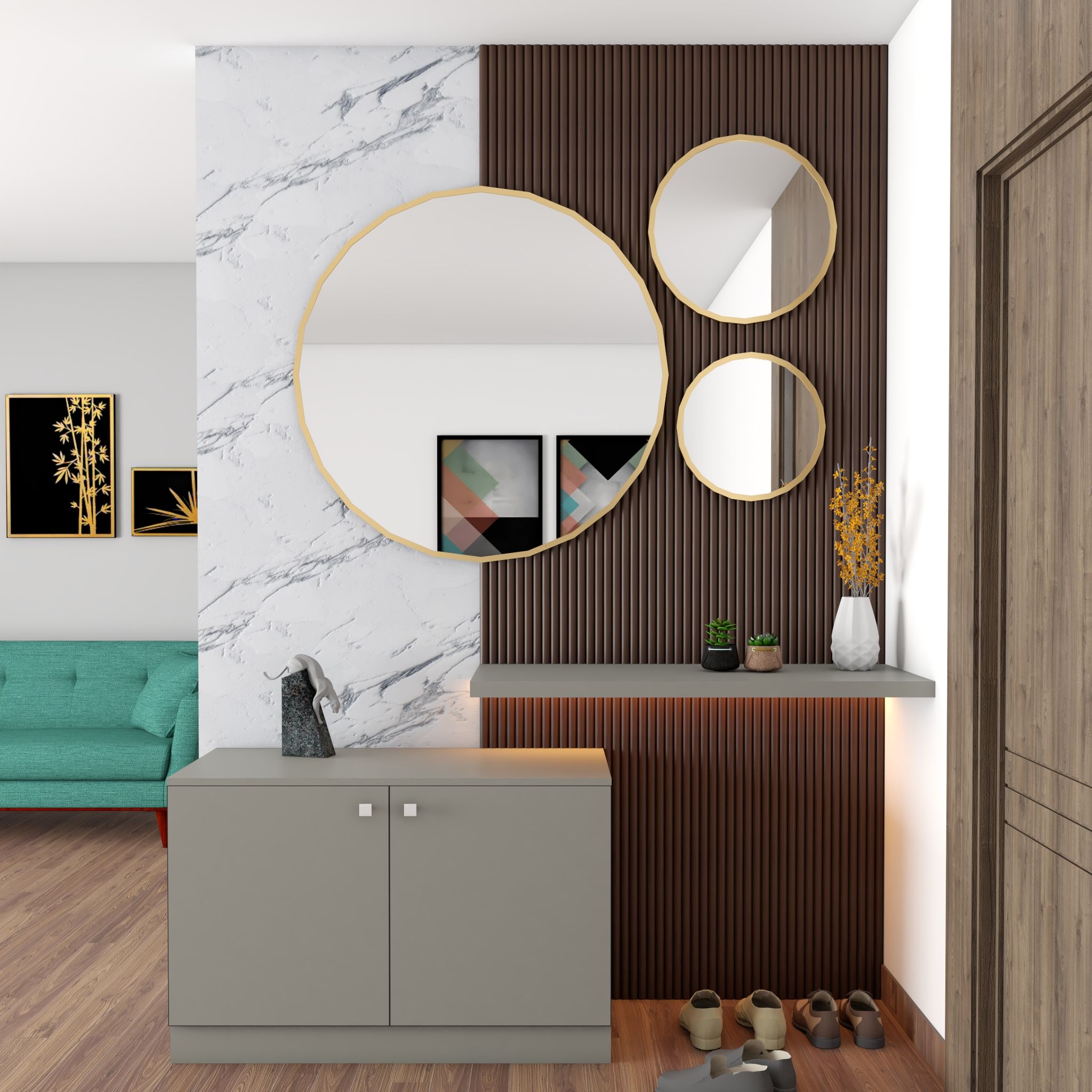 Classic Foyer Design With Vertical Wooden Panels And Task Lighting ...