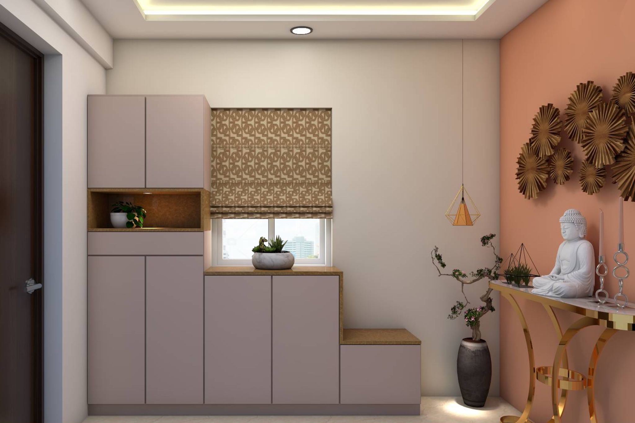 Spacious Foyer Design With Storage And Buddha Statue | Livspace