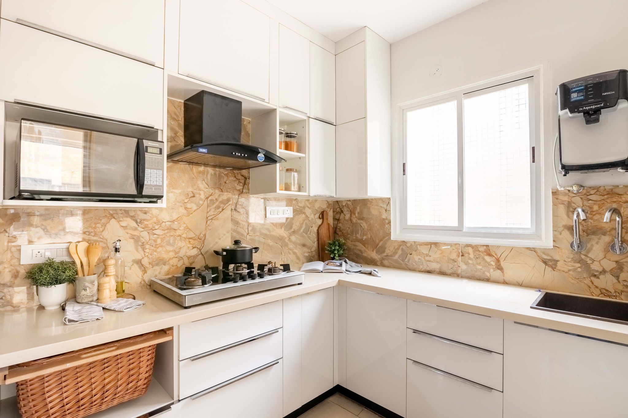 Rectangular Glossy Brown Marble Kitchen Tile Design | Livspace