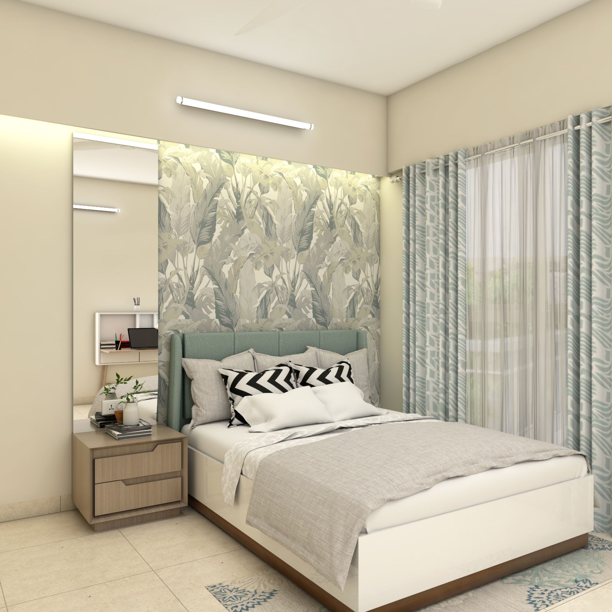 Compact Guest Room Design With Leafy Wallpaper | Livspace