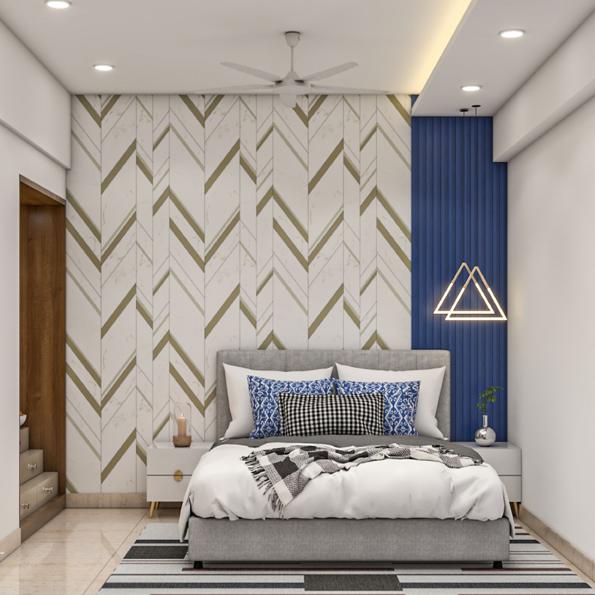 Compact Guest Room Design With Chevron Wallpaper And Blue Fluted Panels ...