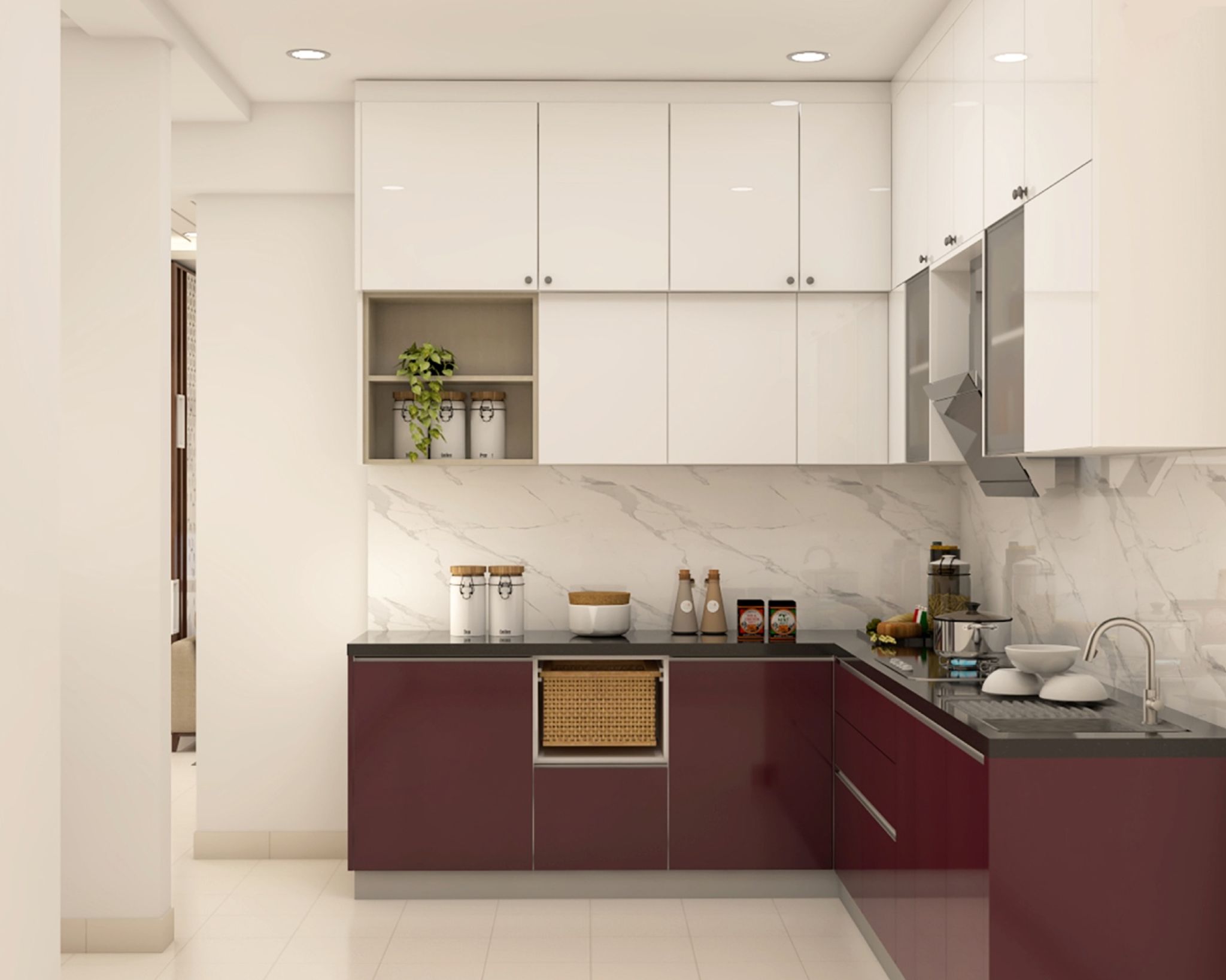 Modular Kitchen Design With Spacious Kitchen Cabinet Design In Maroon ...