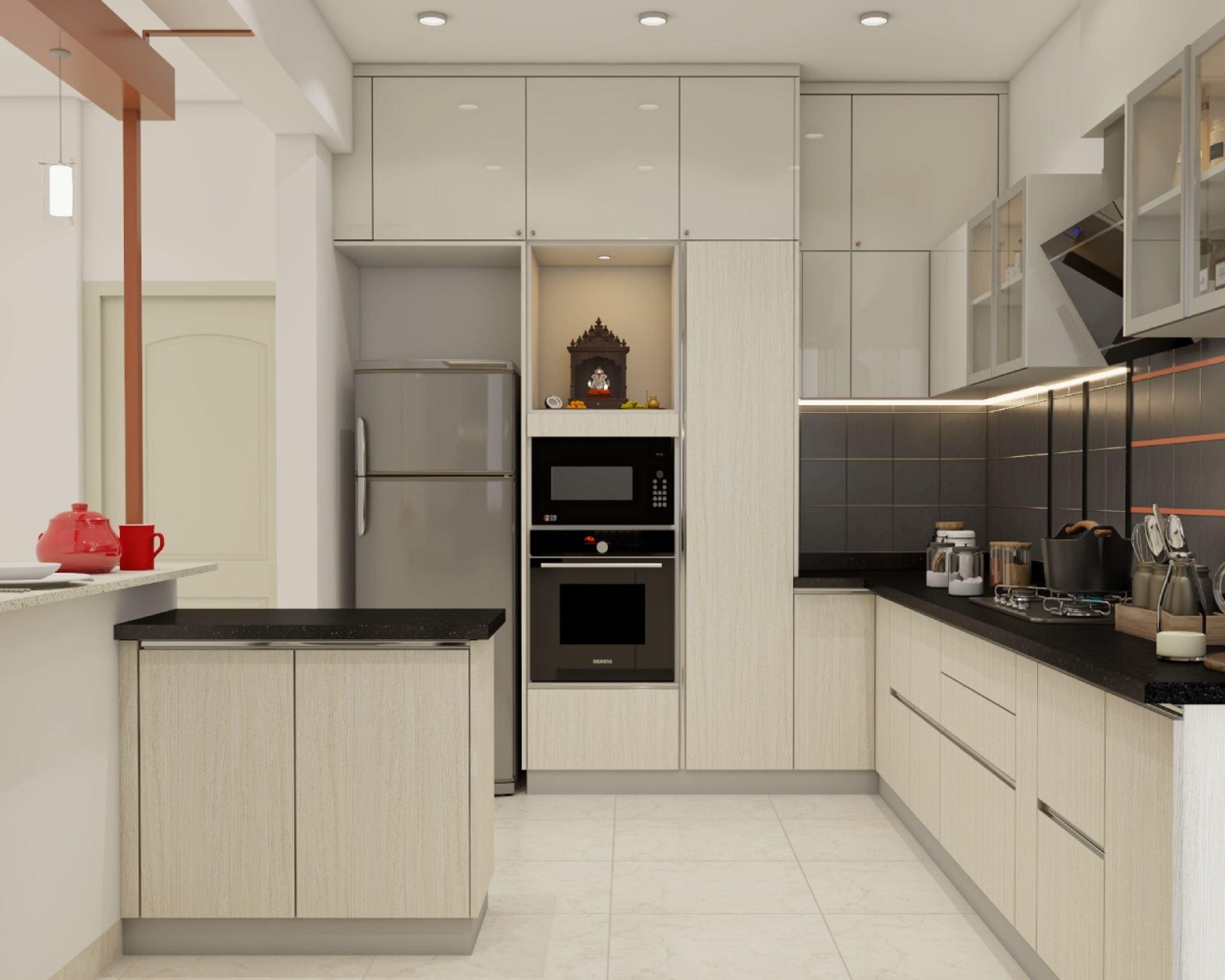 Modular Kitchen Design With Dark Grey Dado Tiles - 14x11 Ft | Livspace