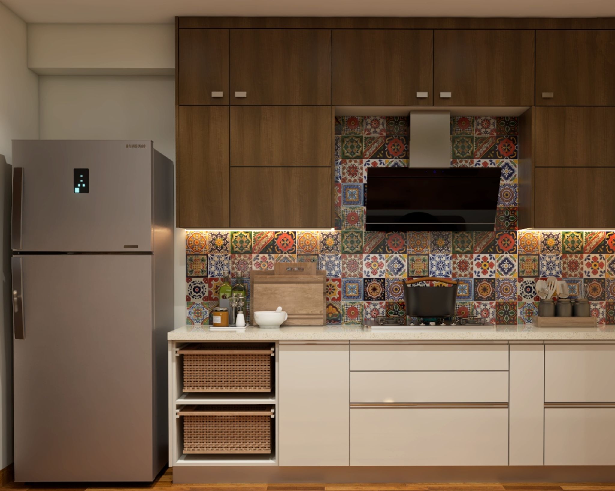 Modular Kitchen Design With Drawers And Wicker Baskets - 14X13 Ft ...