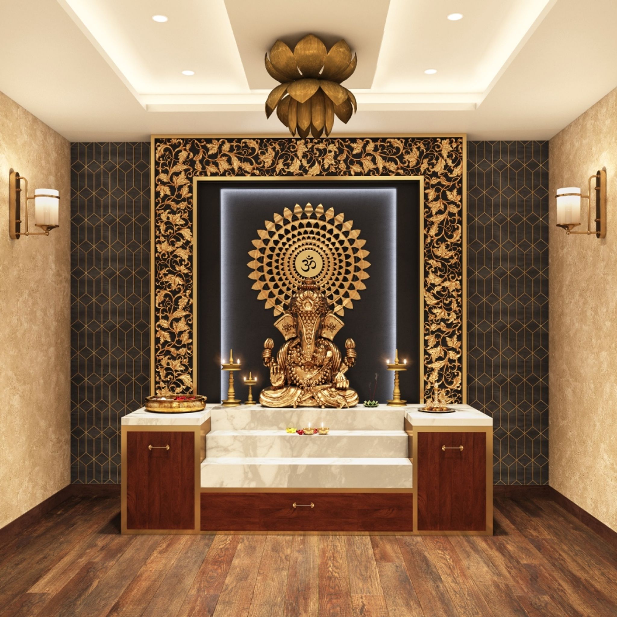 Spacious Brown And Marble Mandir Design With Black Wall Unit - 8X9 Ft ...