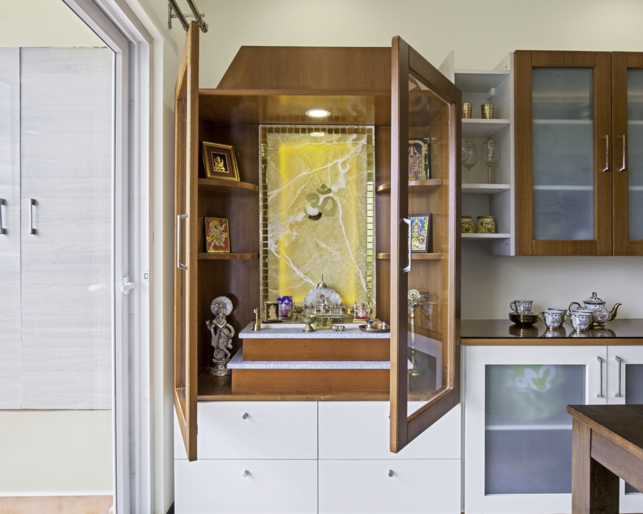 Compact Frosty White And Walnut Bronze Mandir Design - 5X7 Ft | Livspace