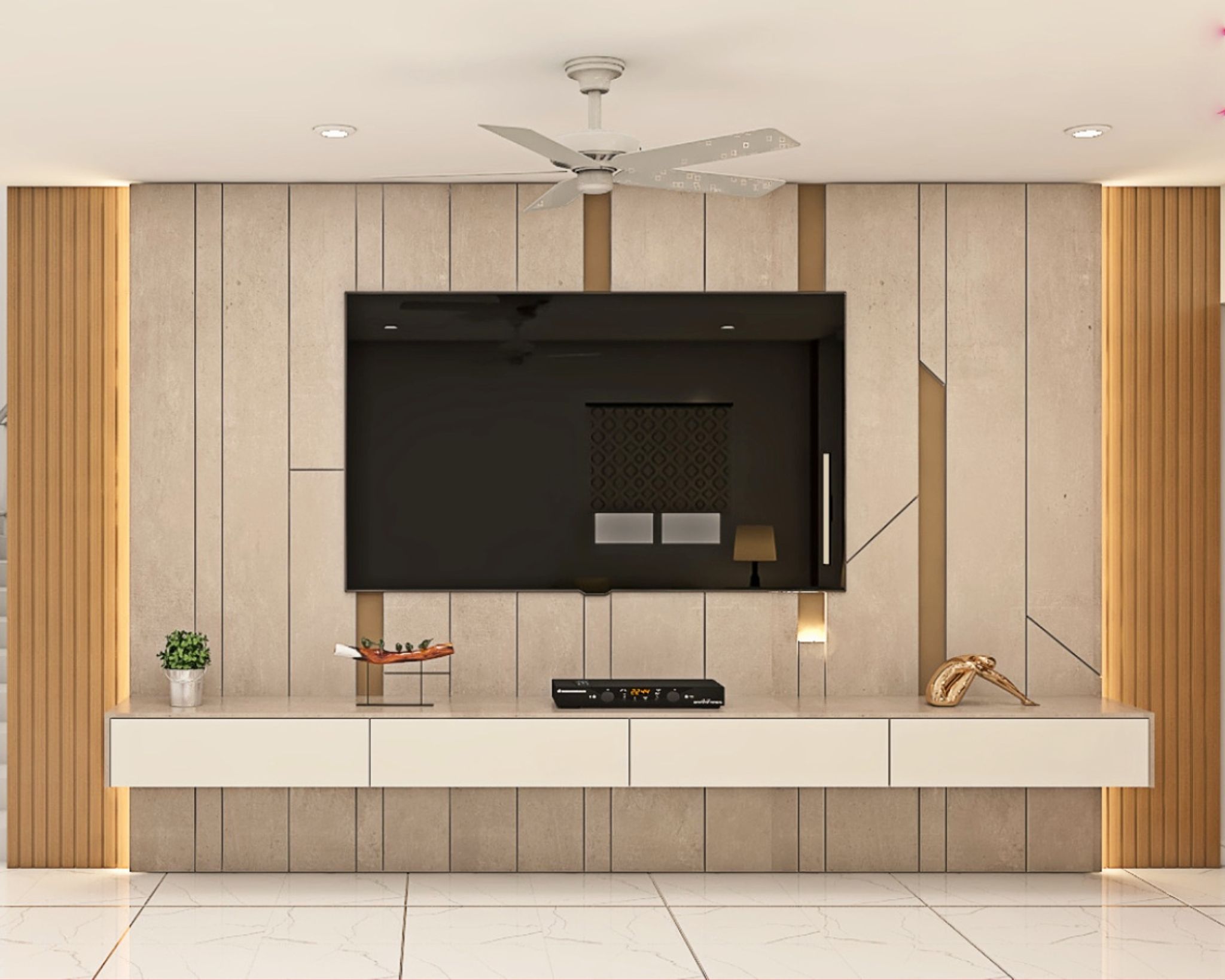 White TV Unit With A Wooden Back Panel | Livspace