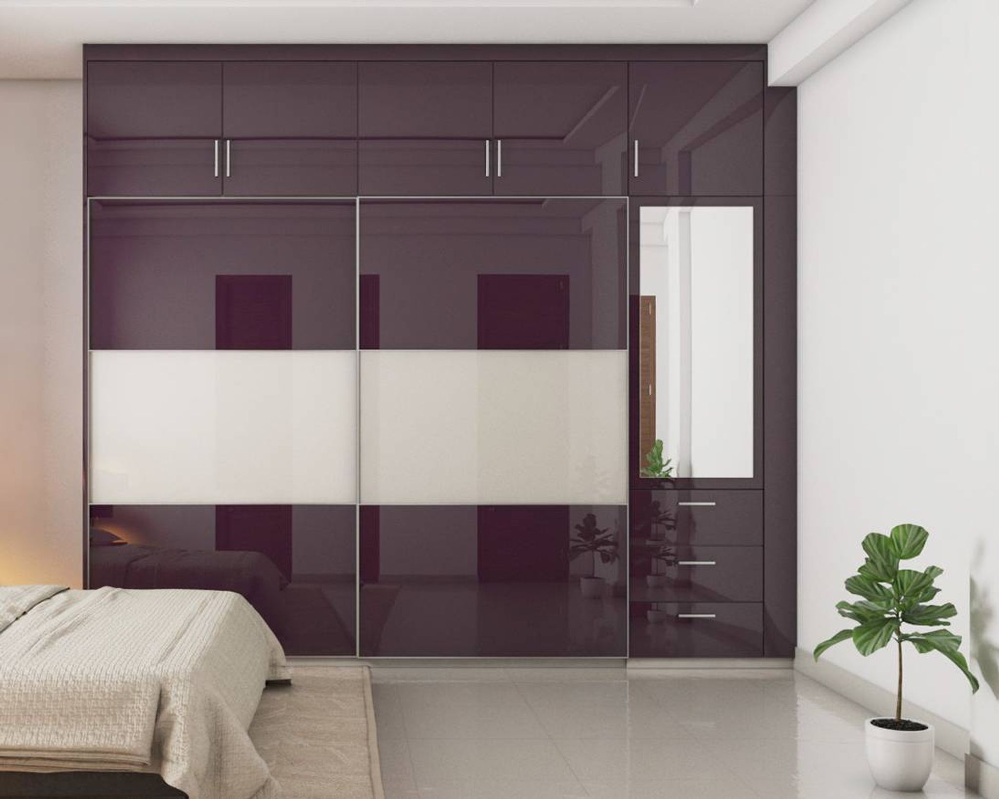 Purple And White Wardrobe Design With A Mirror | Livspace