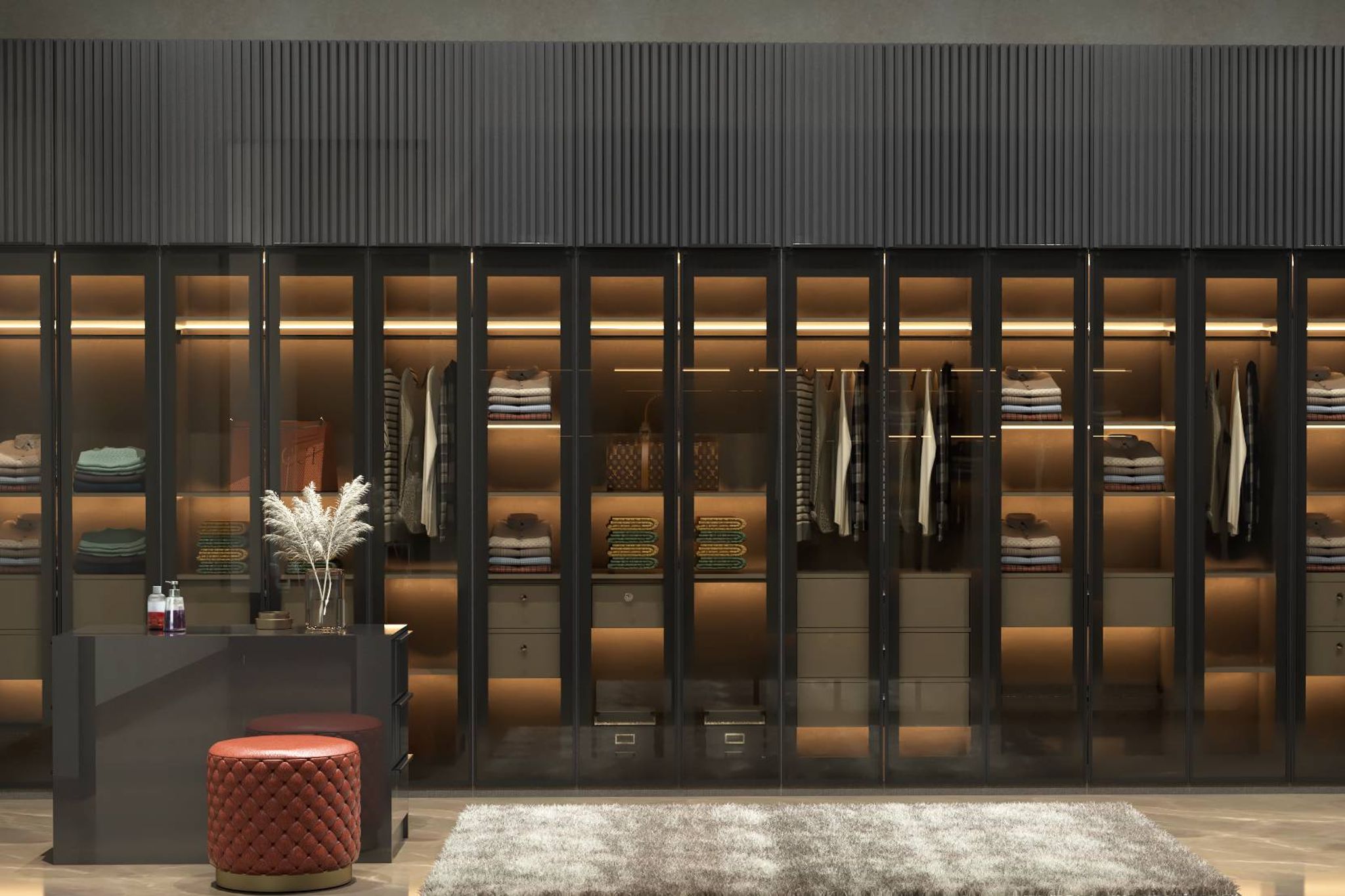 39-Door Wardrobe Design With Seating - 14x2x9 feet | Livspace