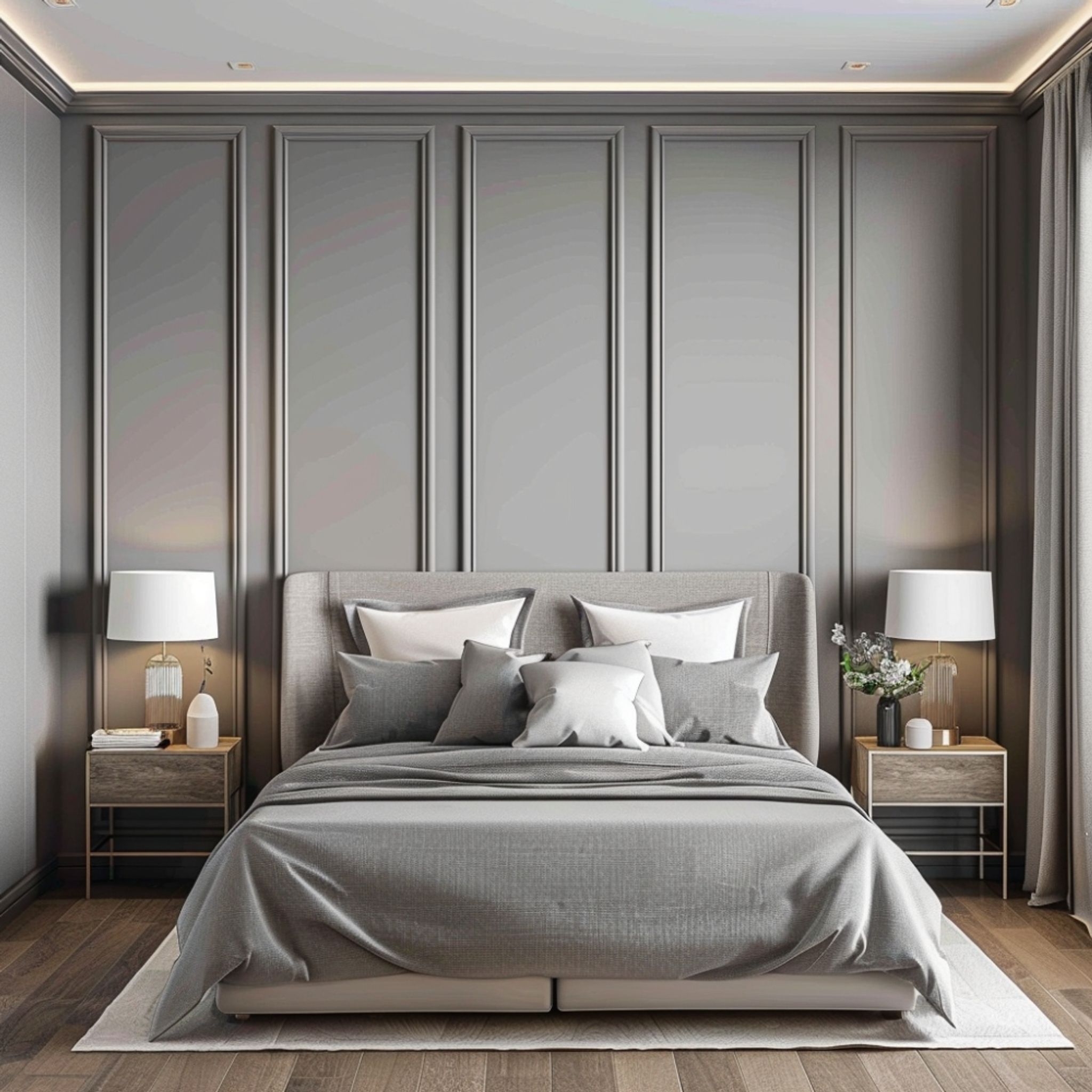 Cozy Grey Master Bedroom Design: Wooden Side Tables & Lamp | Livspace