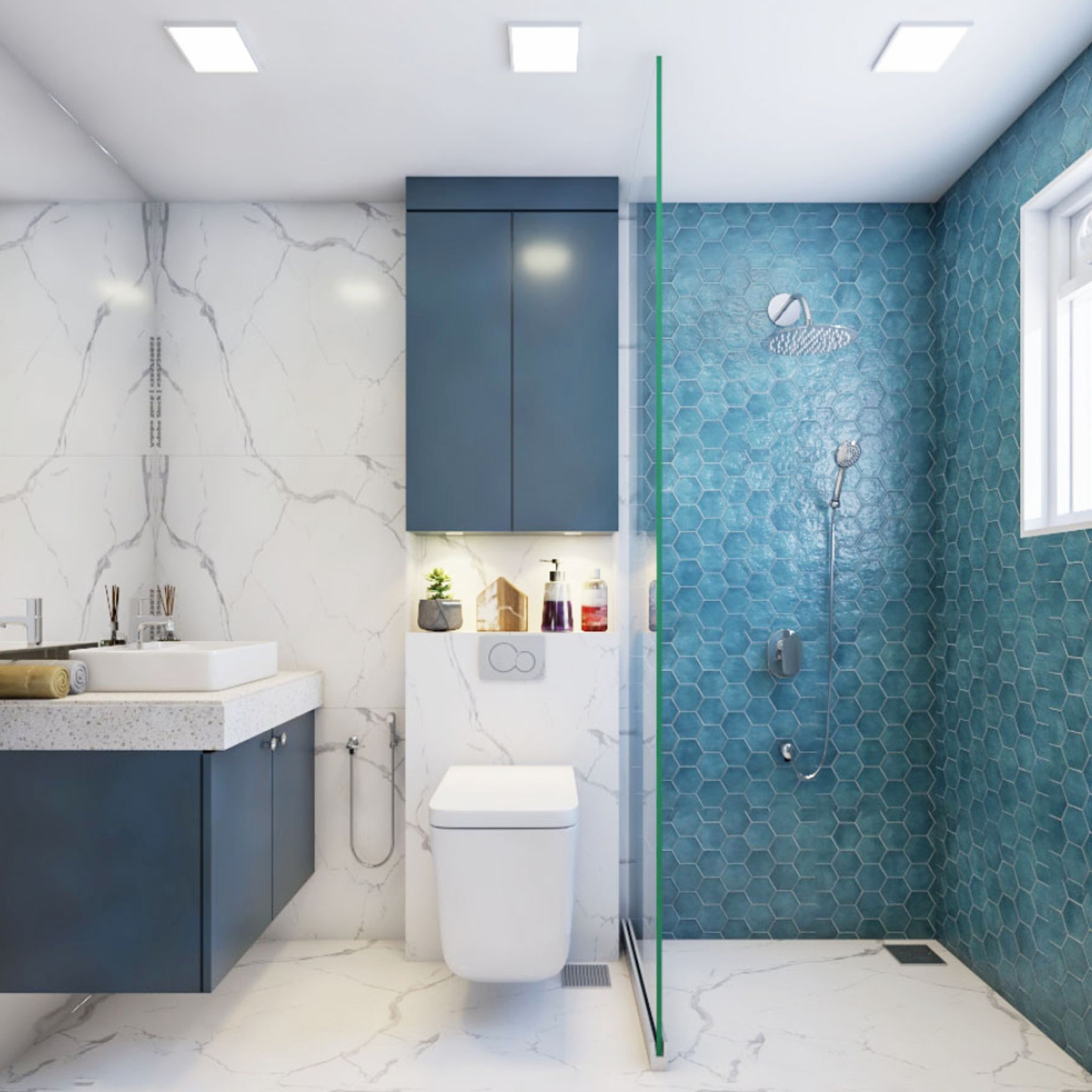 Blue And White Spacious Bathroom Design With Dark Blue Wall Mounted Bathroom Cabinet | Livspace