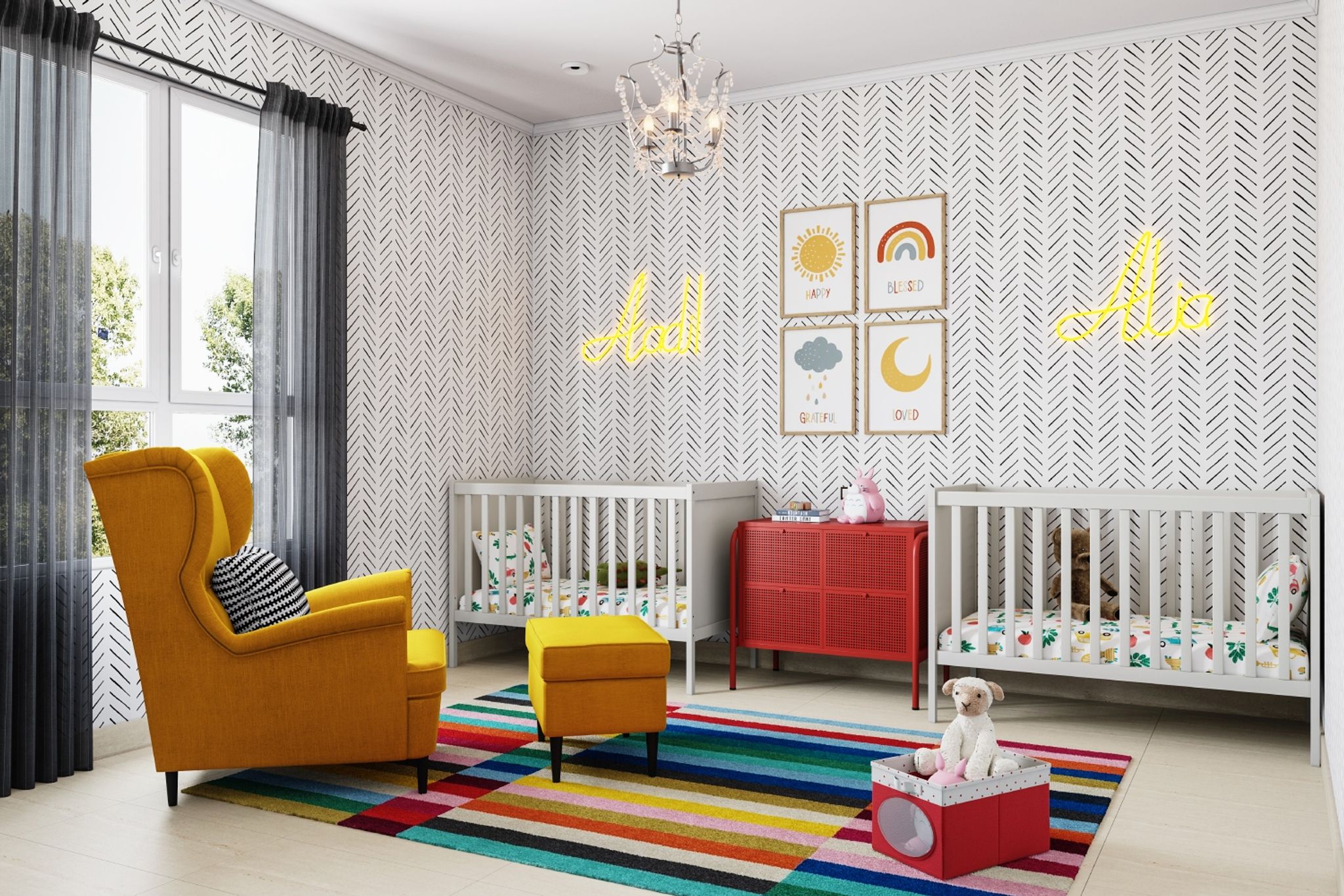 Spacious Kids Room Design For Two With White Cribs And Red Storage Unit ...