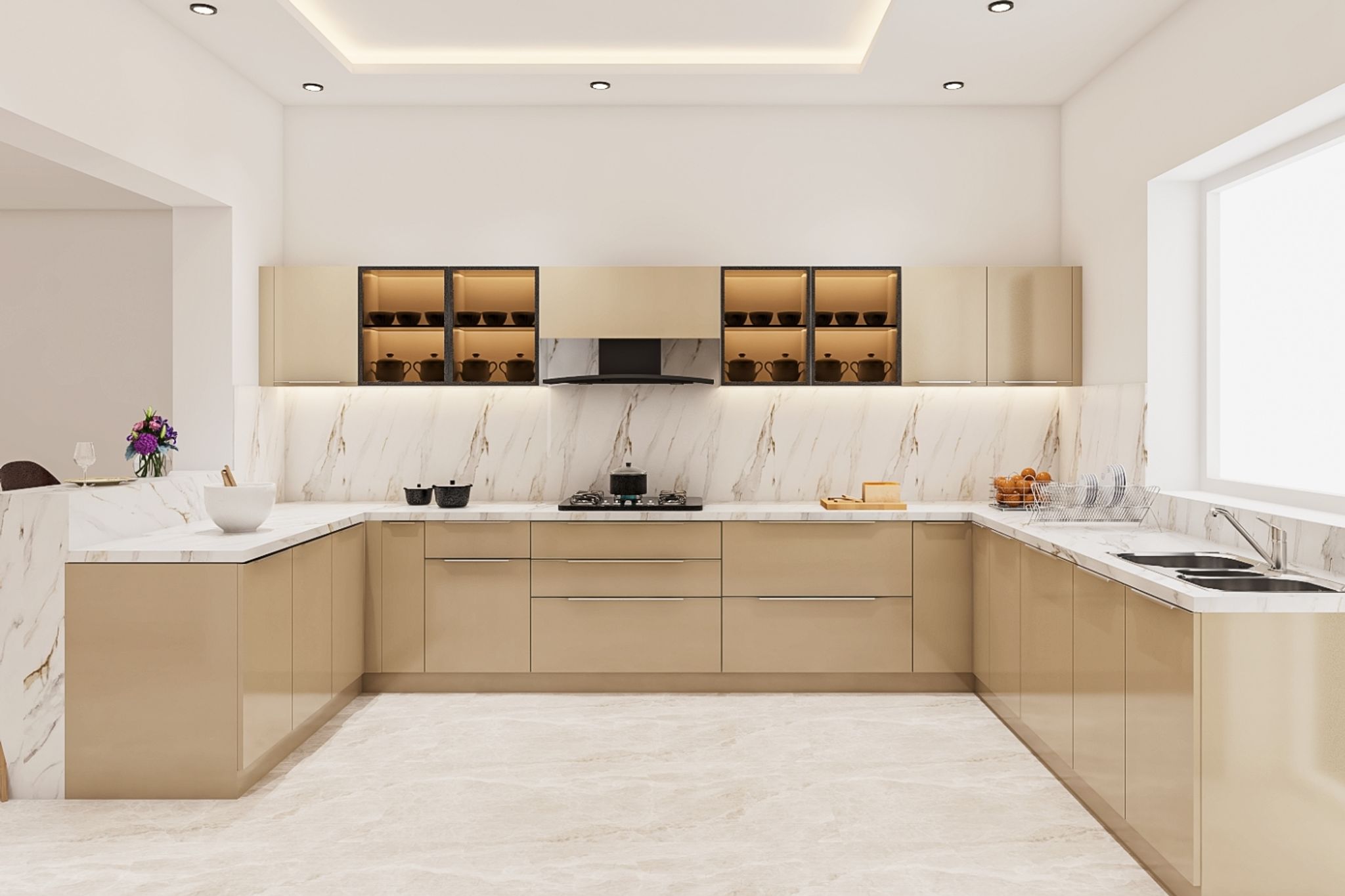 Cappuccino Dream: Contemporary U-Shaped Kitchen Design With Cabinets ...