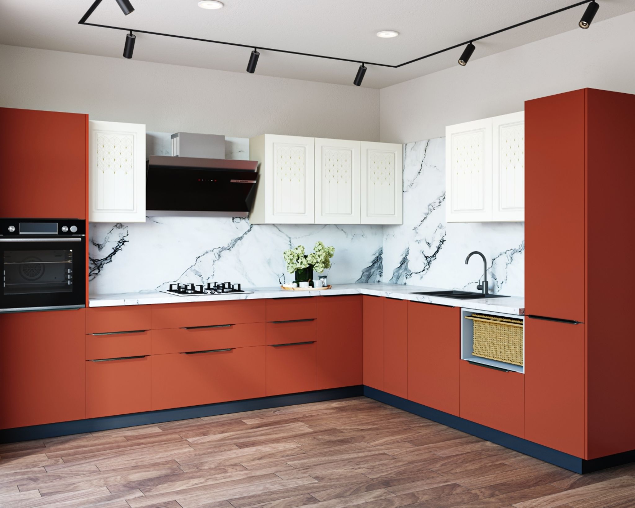 Contemporary L-Shaped Kitchen Design with Rosso Venetian and White ...