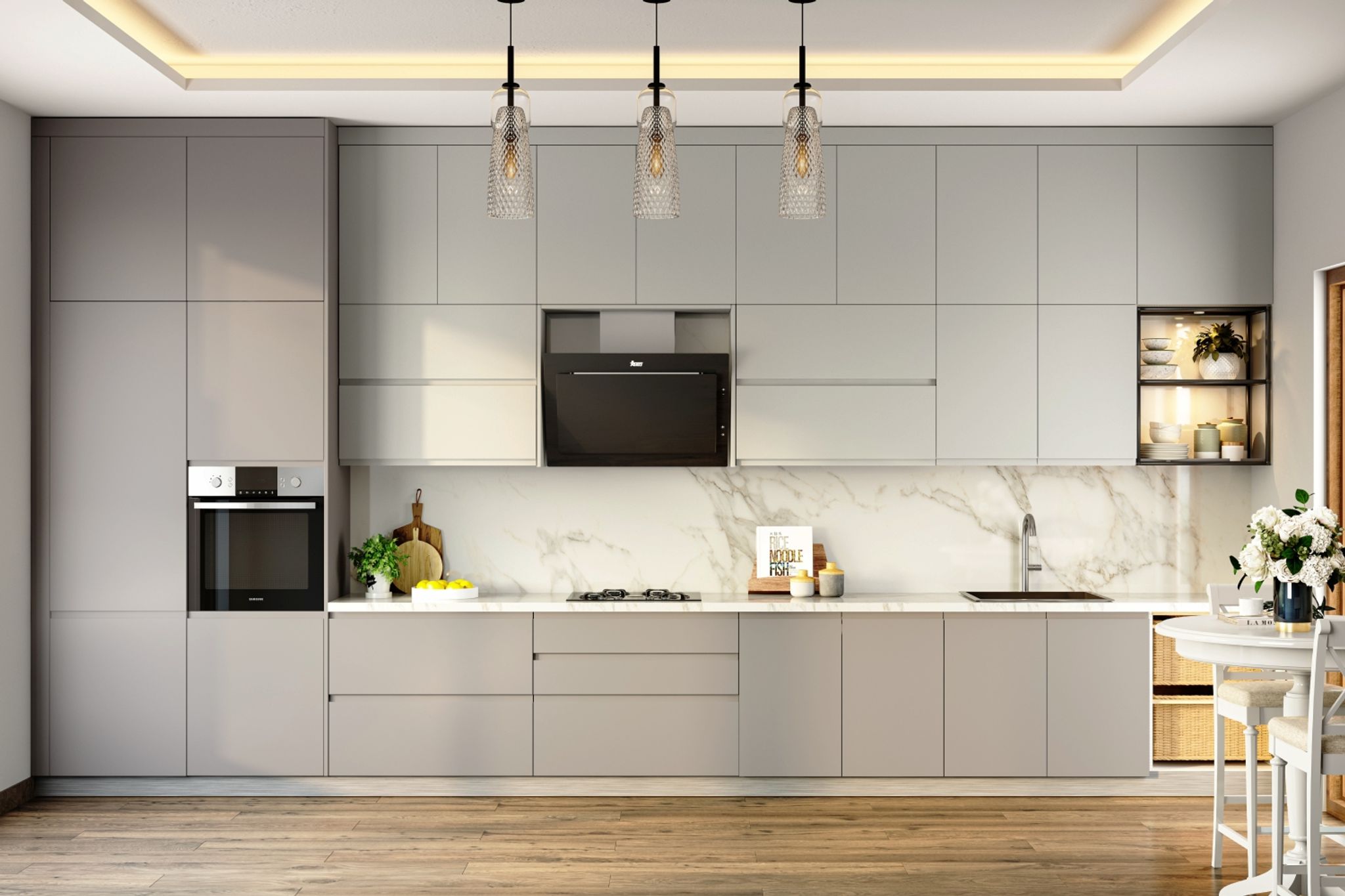 Contemporary Open Kitchen Design with Grey and Silver Cabinets and ...