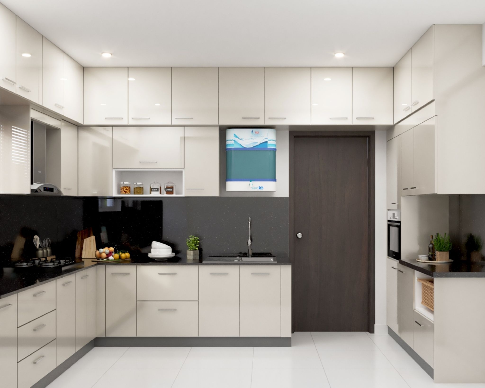 Spacious Modern L-Shape Kitchen Design with Champagne Finish | Livspace