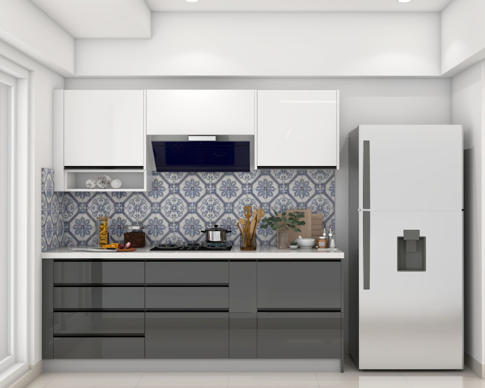 Modern Parallel Kitchen: Gothic Grey Base Units & Frosty White Wall ...